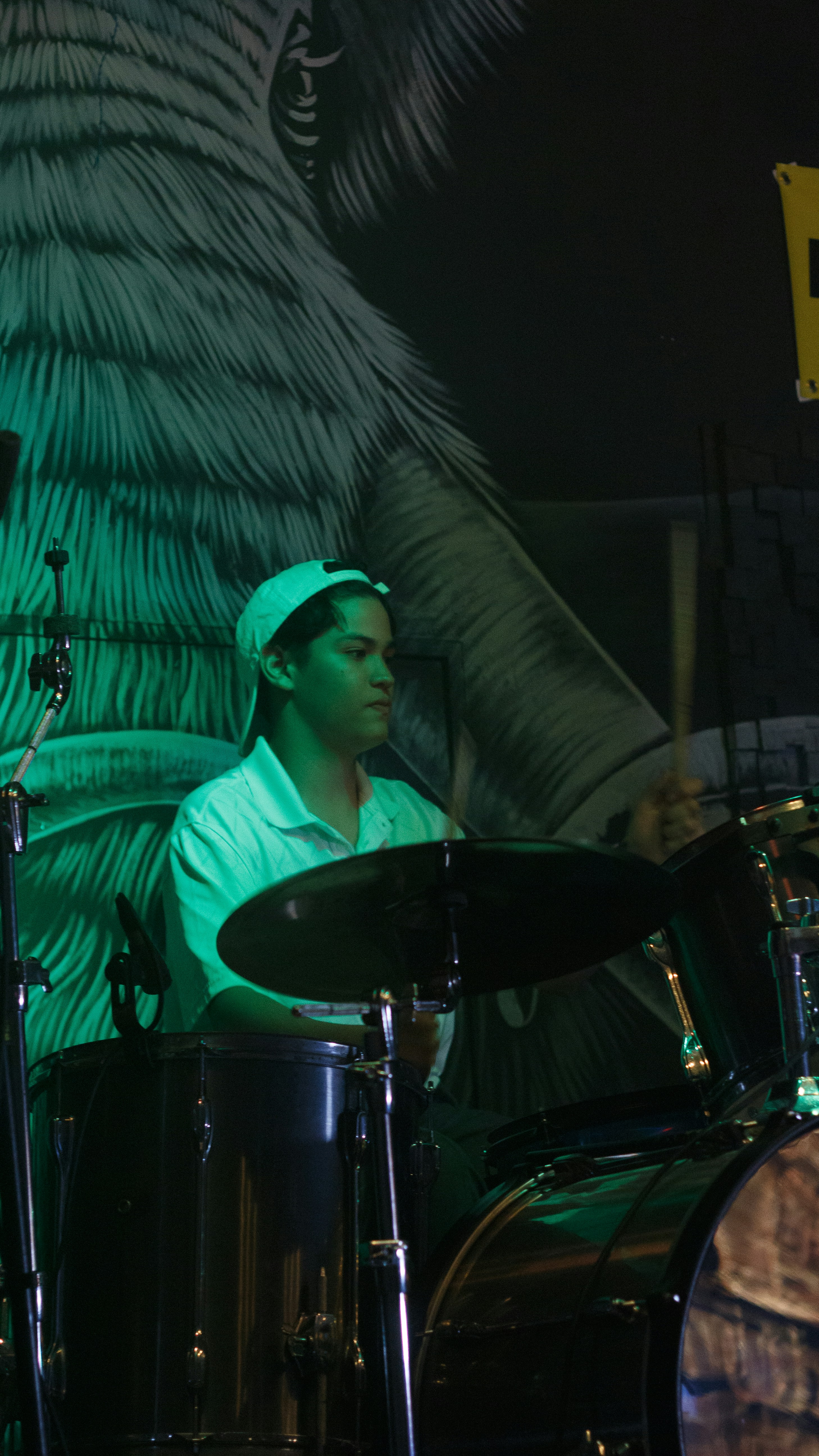Emerald Spotlight on a Drummer at a Palm-Mural Stage