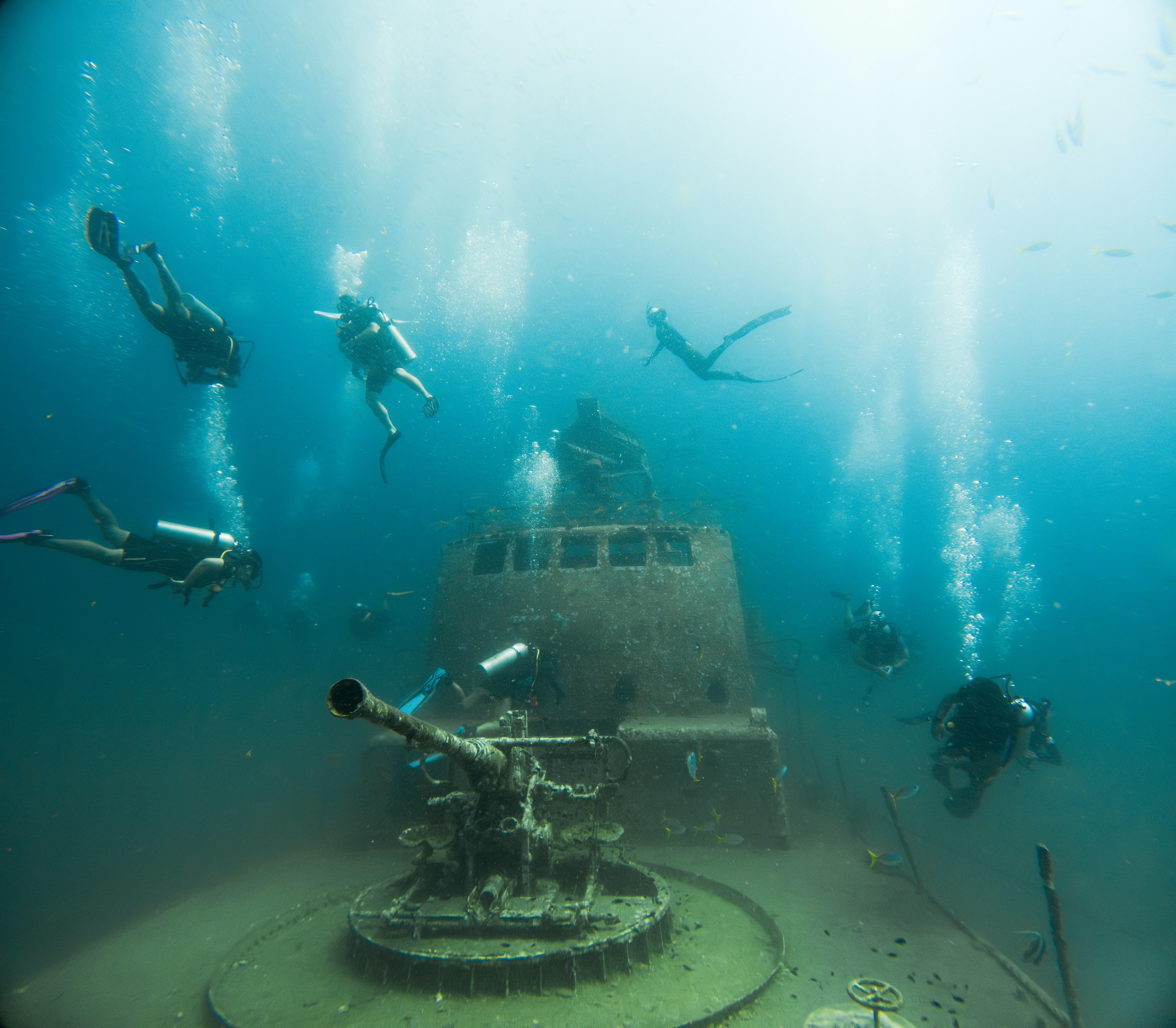 Divers exploring a sunken shipwreck surrounded by marine life, with bubbles rising from their movements. The scene captures the mystery of underwater exploration.