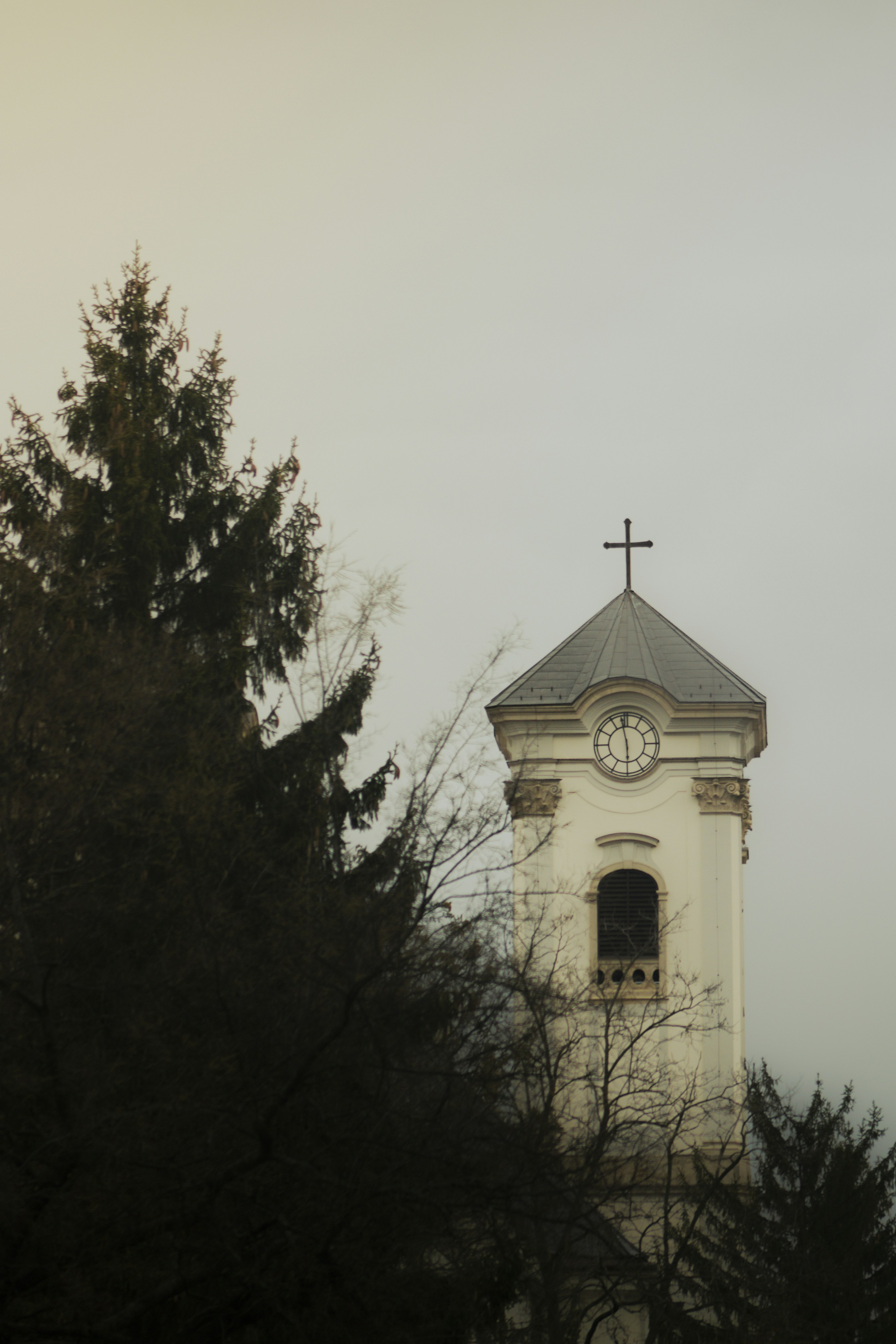 A church tower peeks through the branches of surrounding trees under a muted sky. The clock and cross atop the tower stand as symbols of faith and time.