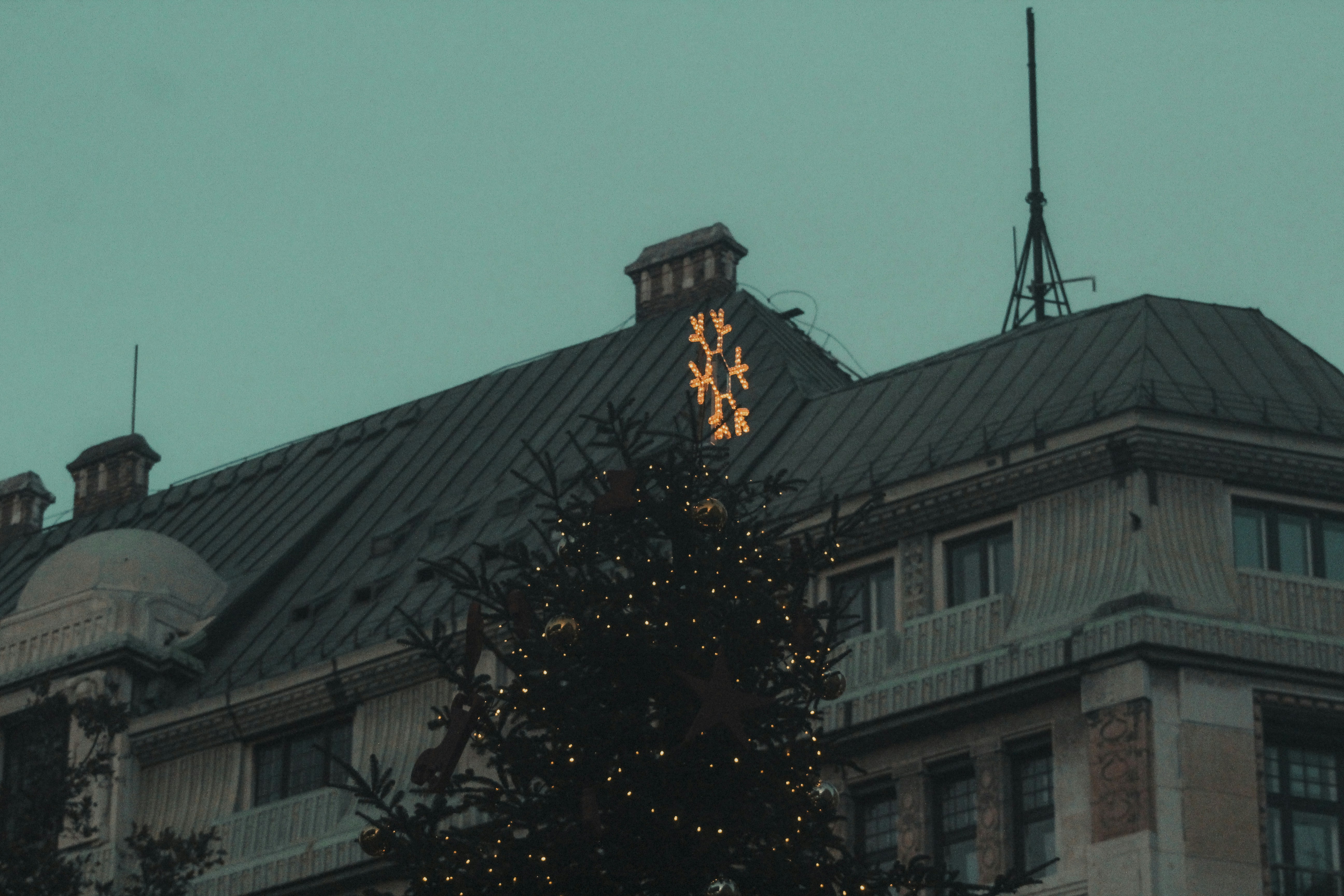 Building with christmas tree and illuminated snowflake decoration.