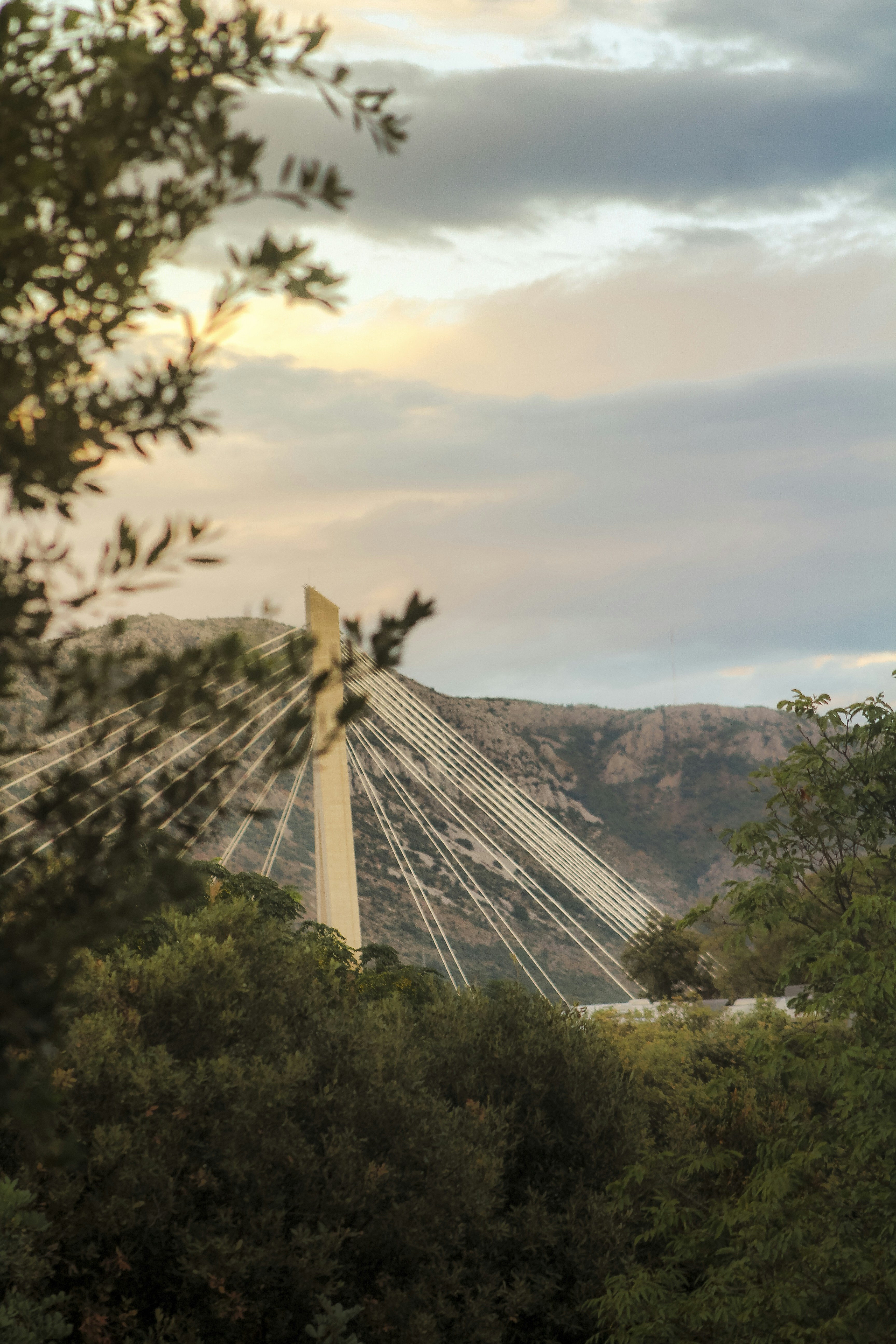 Bridge Lines at Dusk: Cables Spanning a Quiet Valley