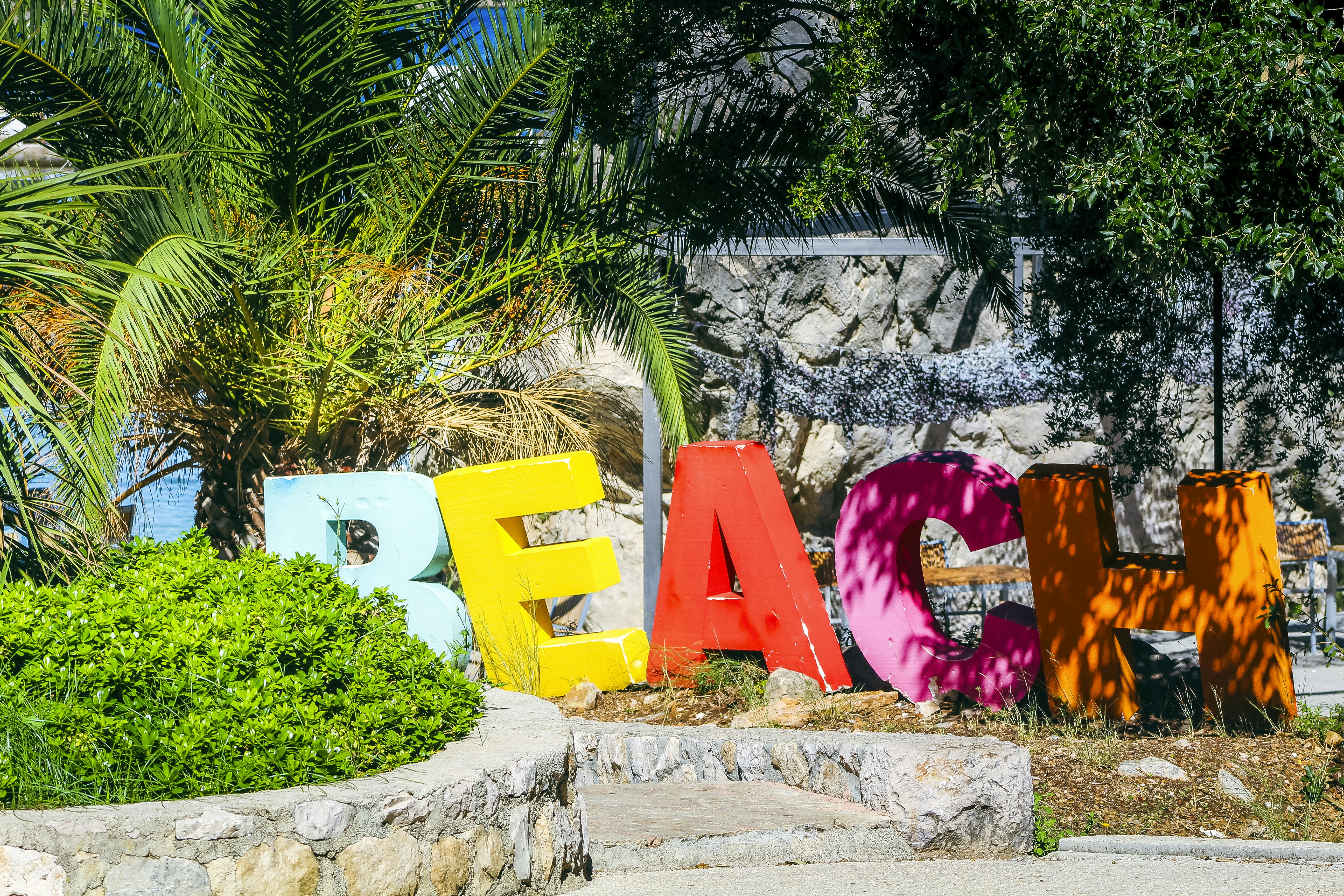 Colorful beach sign surrounded by lush greenery