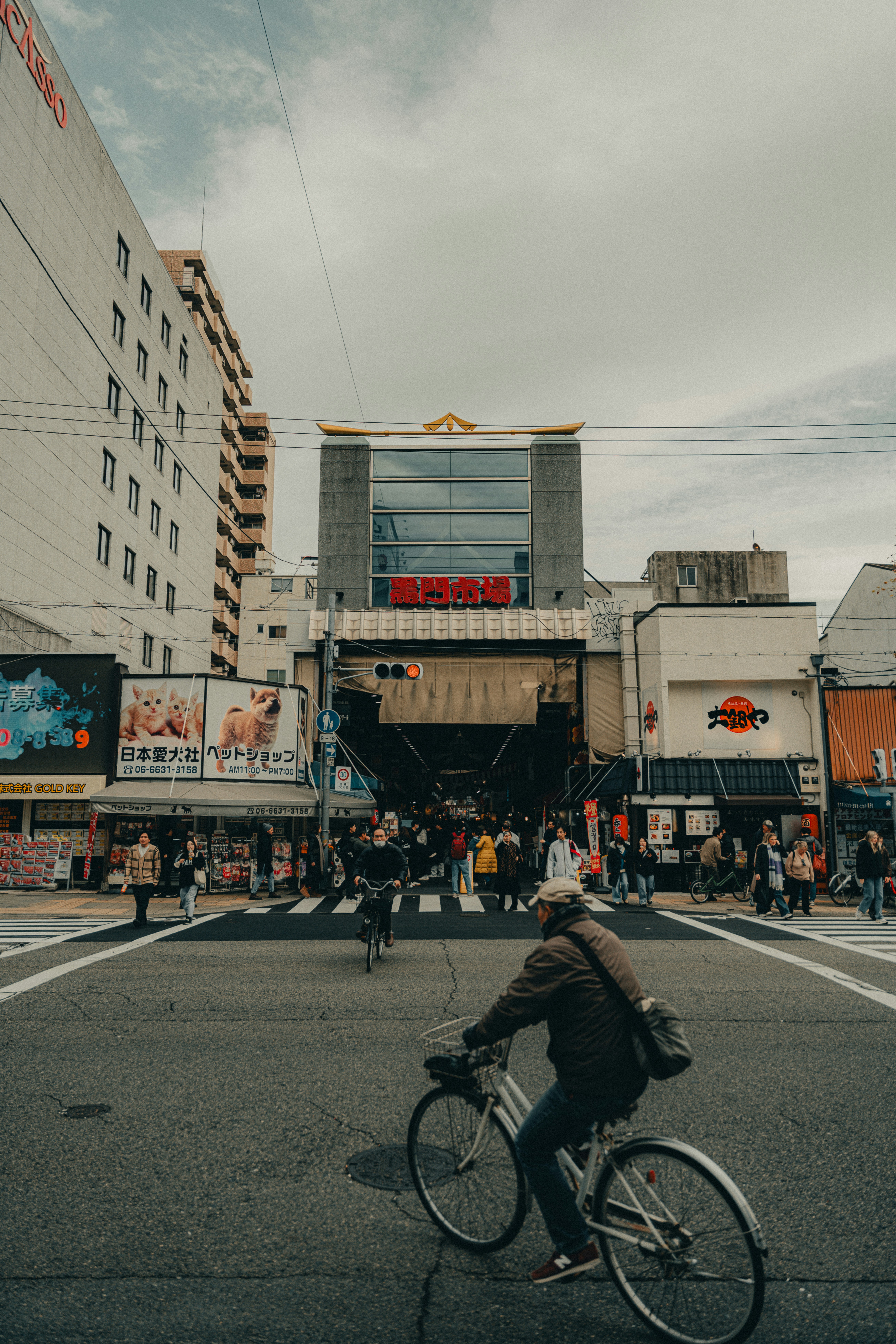 Central Crossing: A Cyclist Threads the Crowd Toward the Station Entrance
