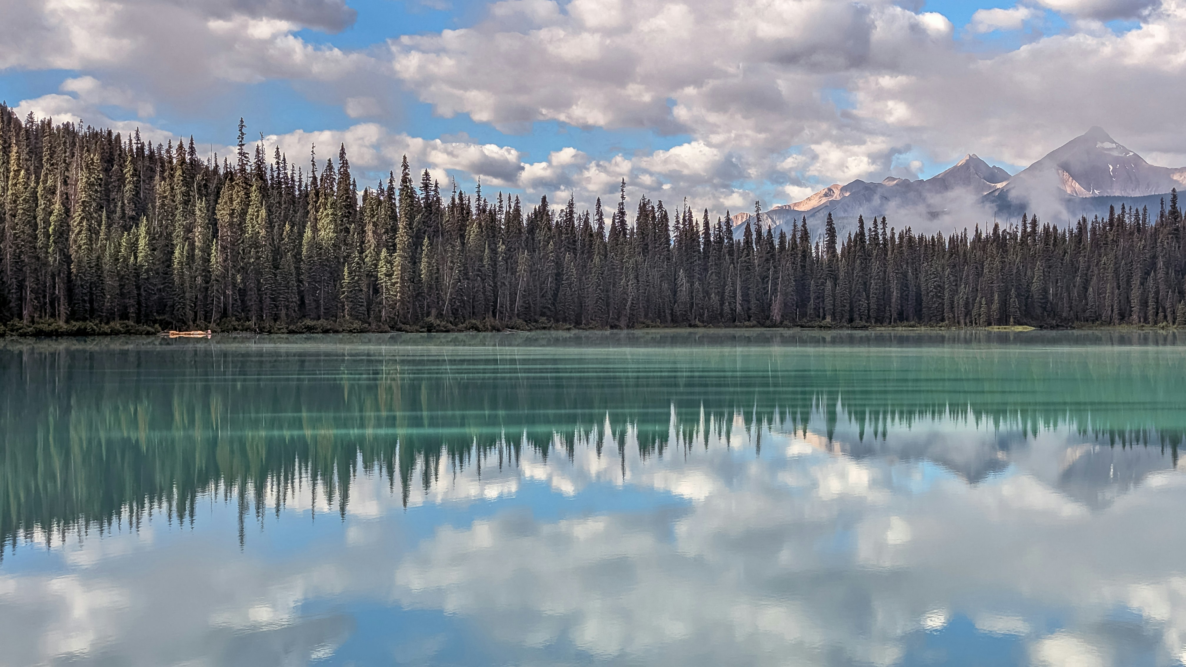 Emerald Lake Mirror: Pines and Peaks Under a Cloud-Dusted Sky