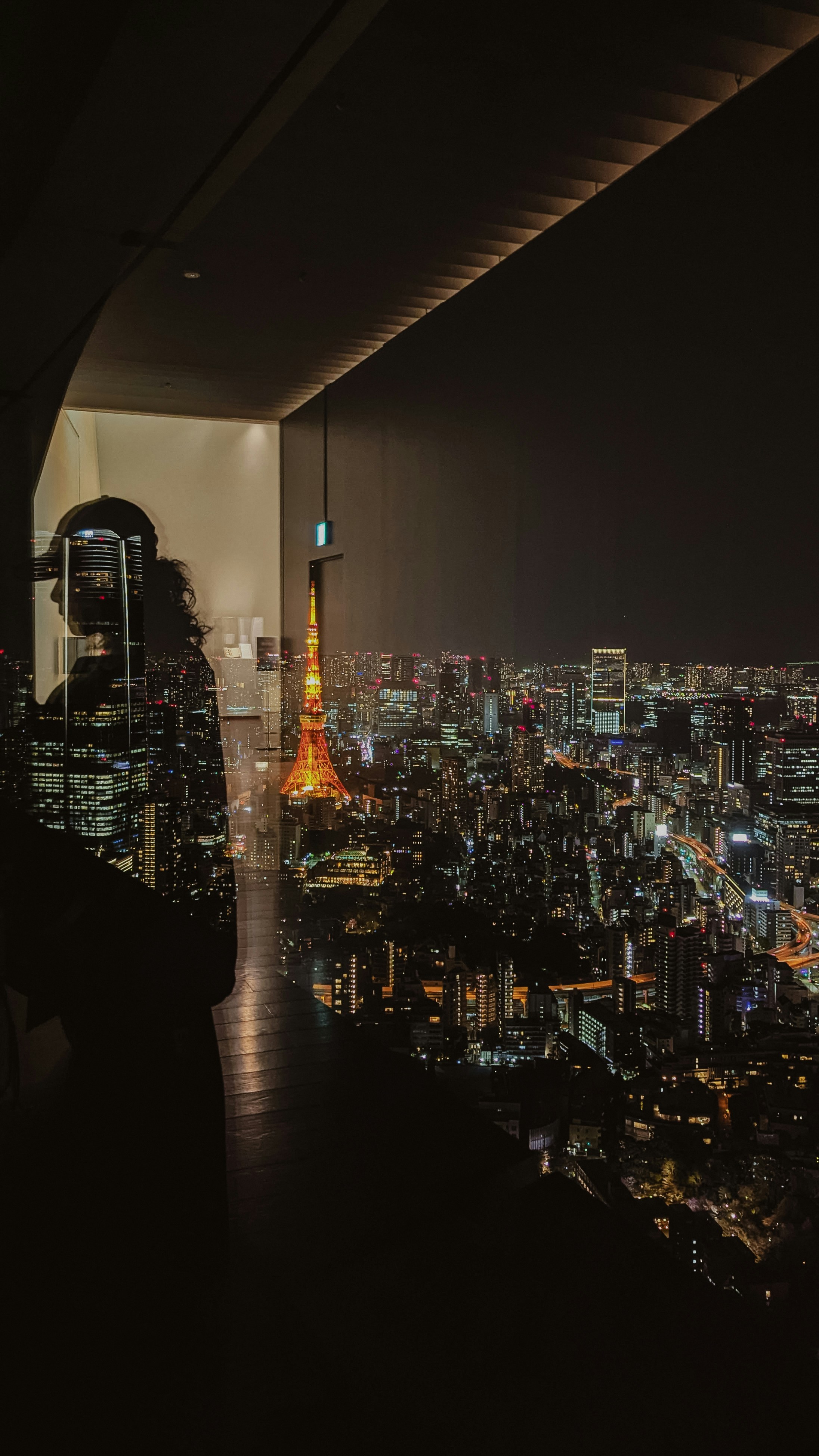 Reflection of a woman in the glass at Tokyo City View Observatory, with Tokyo Tower illuminated in the background and the city lights spreading below. | Tokyo tower and cityscape reflected in window at night.