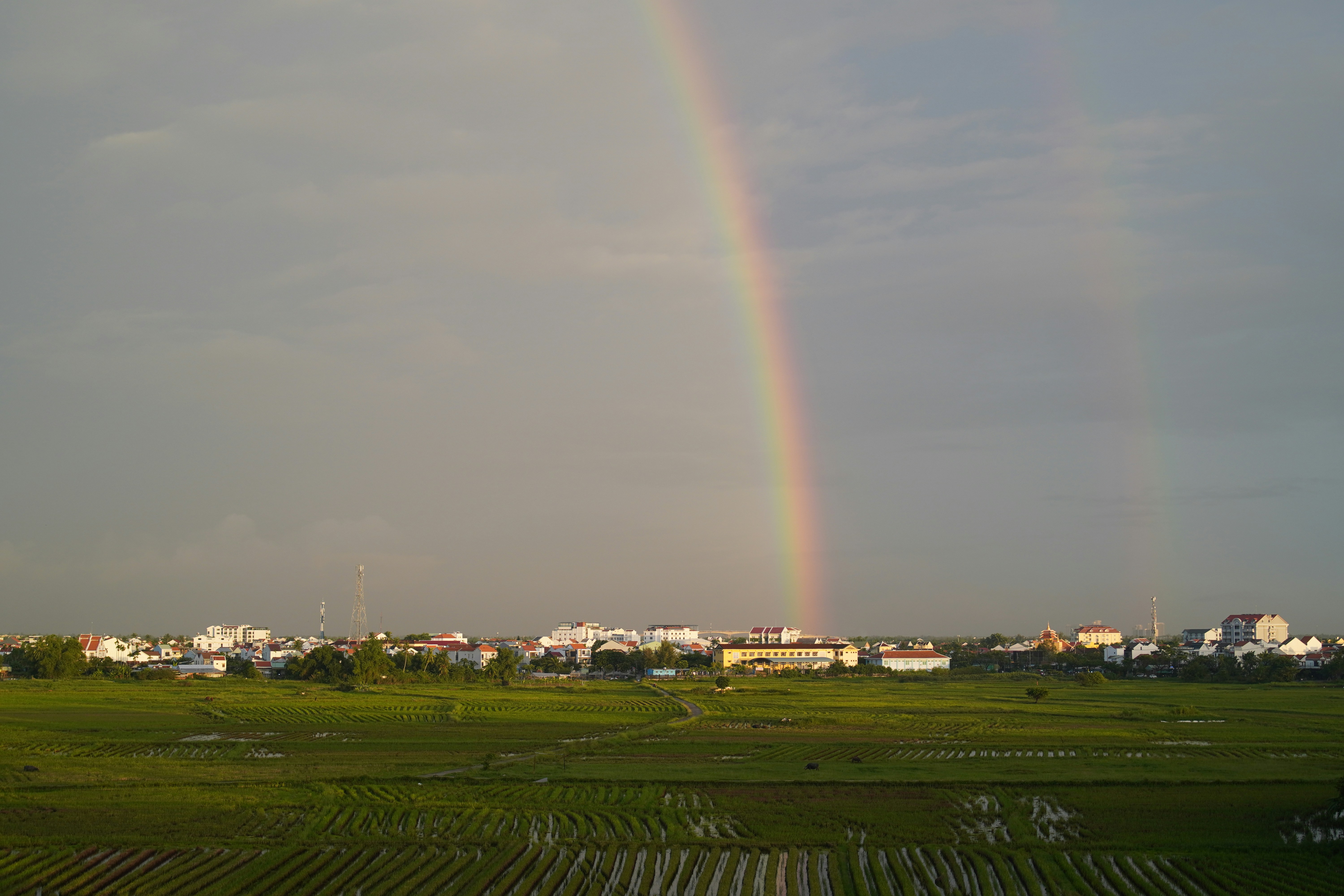 double rainbows after the rain 🌈 | A rainbow arcs over a green landscape and buildings.