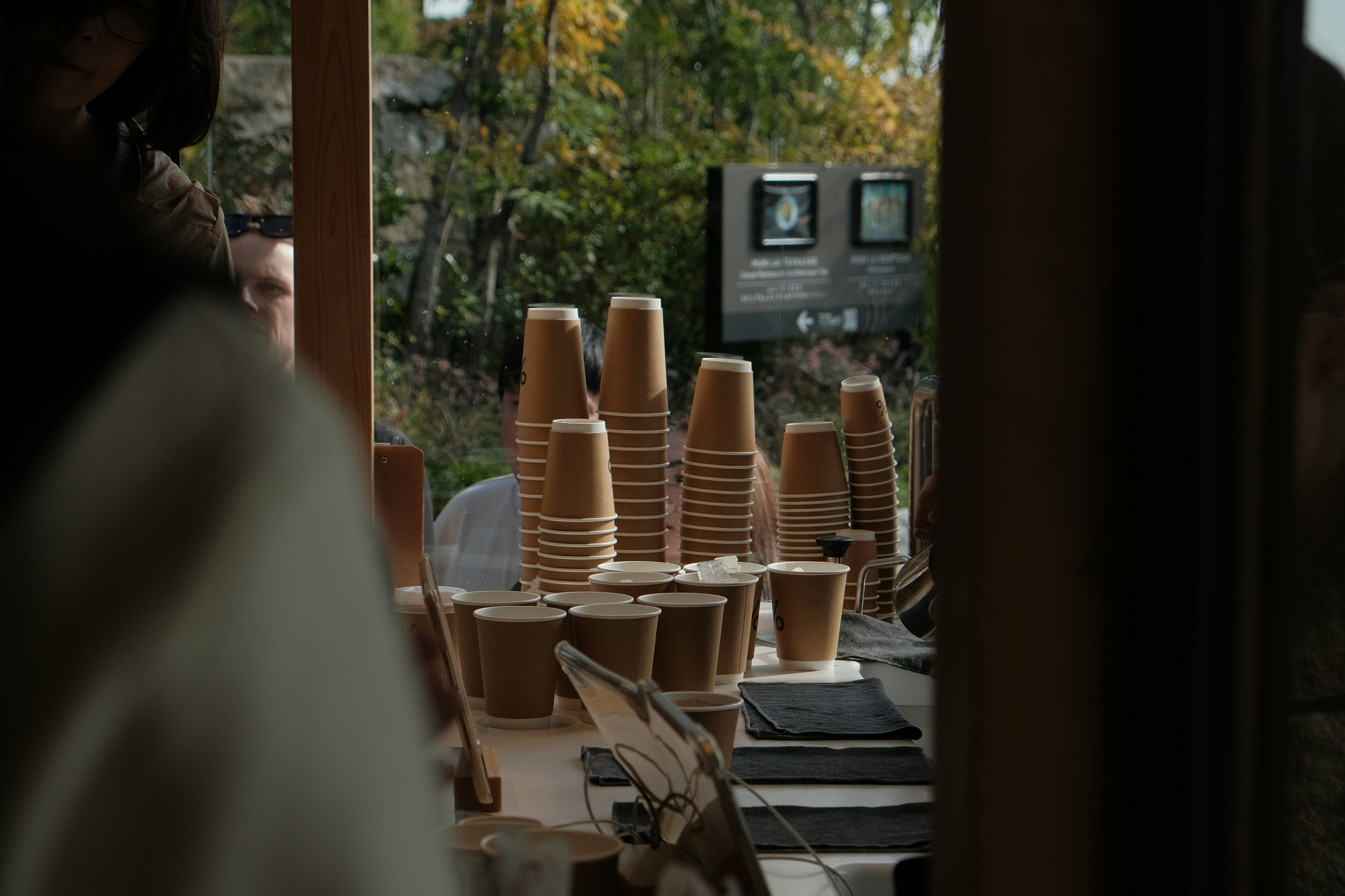 Stacks of disposable cups on a counter