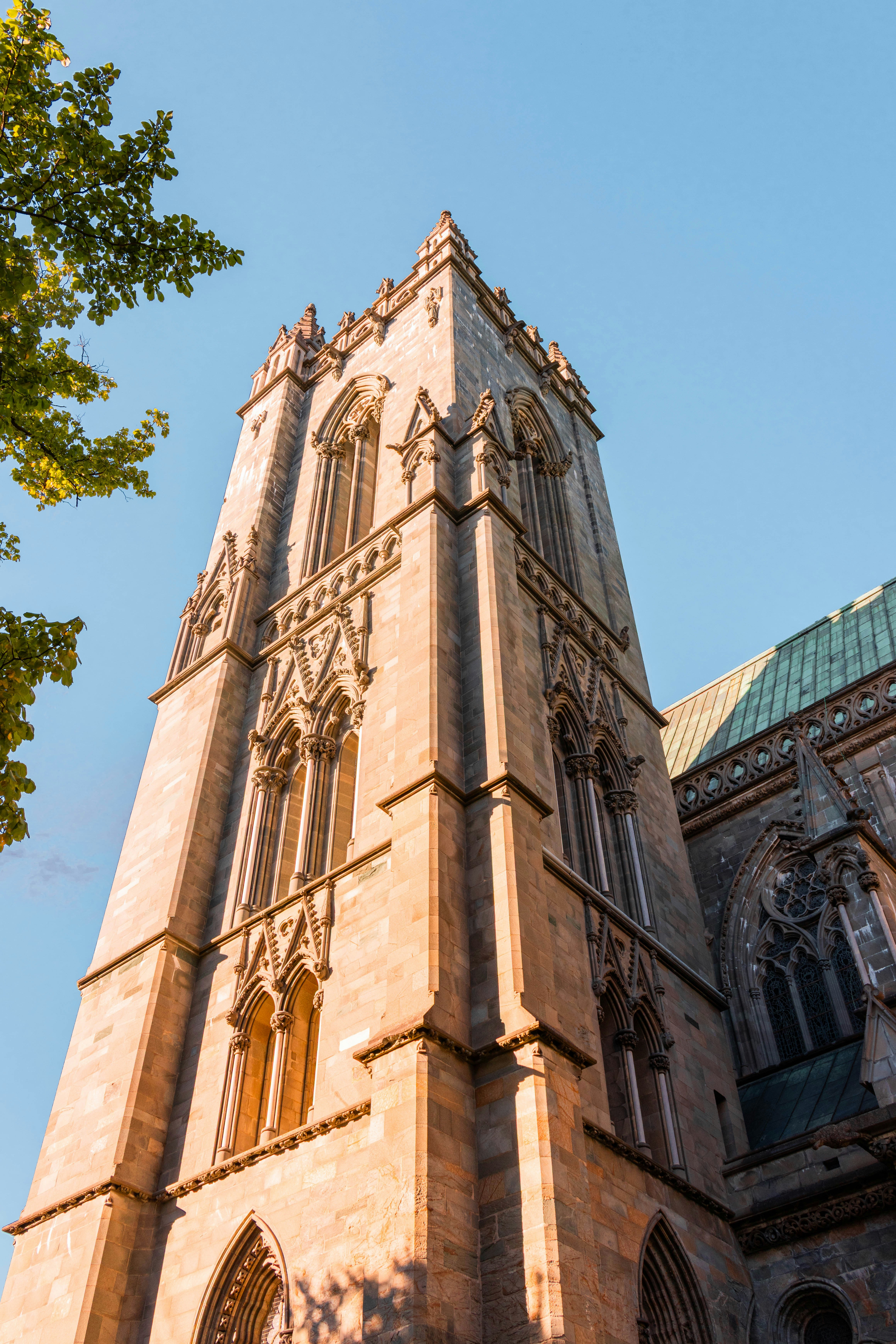 Tall stone cathedral tower against a clear blue sky.