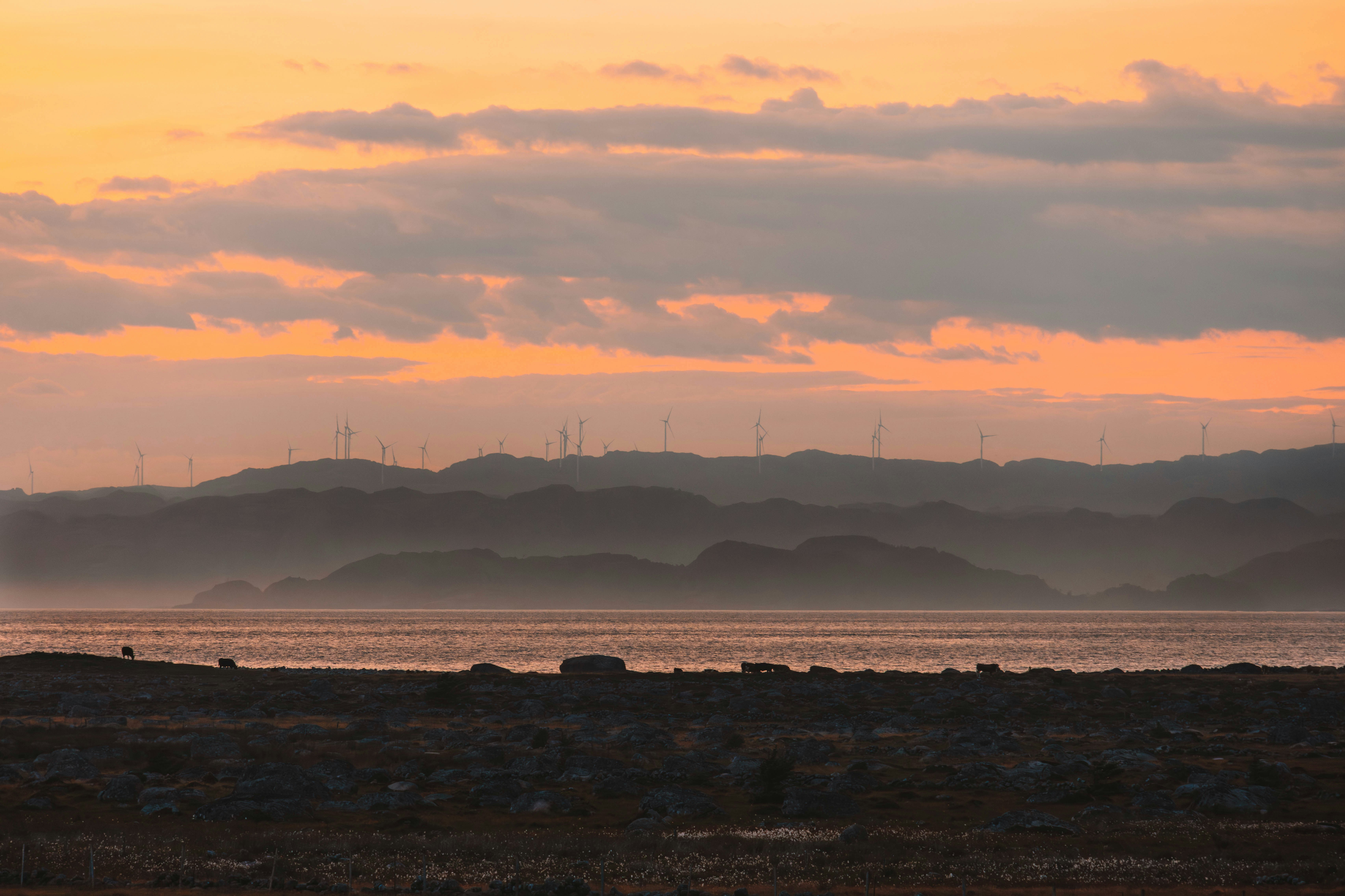 Hills with wind turbines at sunset over water.