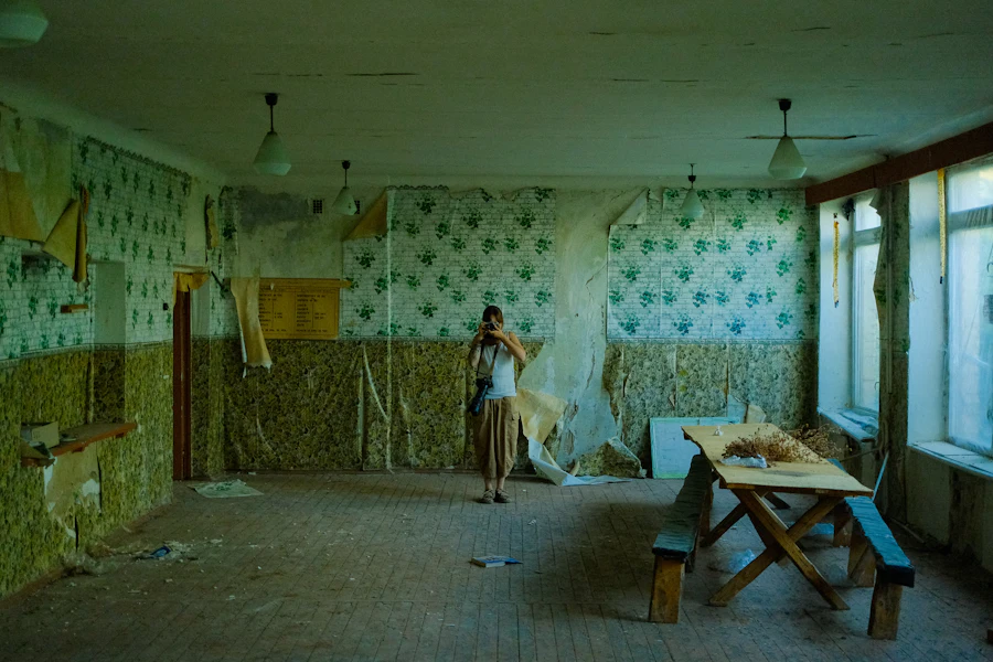 A person stands centered in a dilapidated room, holding a camera toward the viewer. Peeling wallpaper, worn floors, and light from the windows create a bleak, eerie atmosphere.