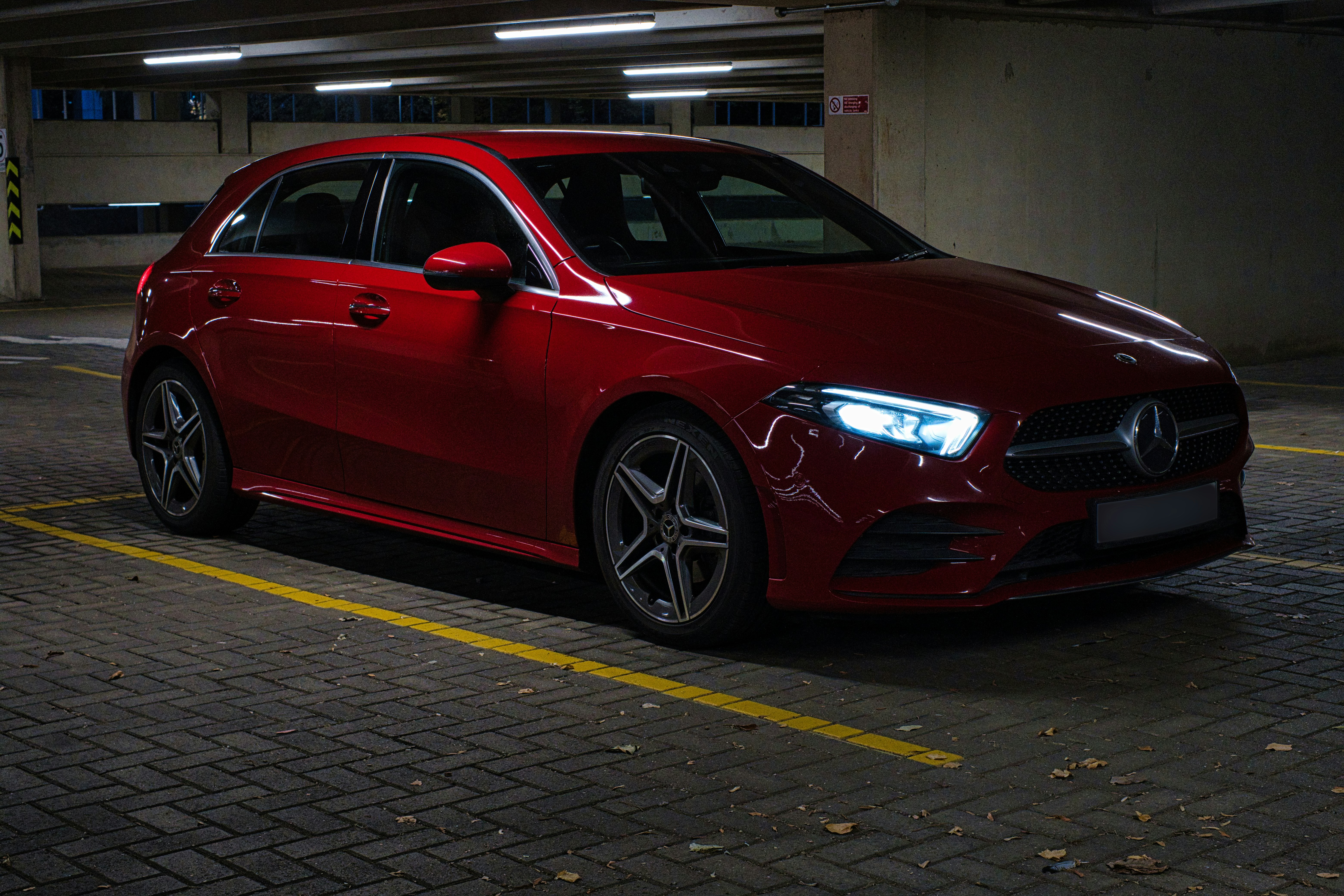 Red Mercedes in the Underground: Neon-Headlight Spotlight on Curves