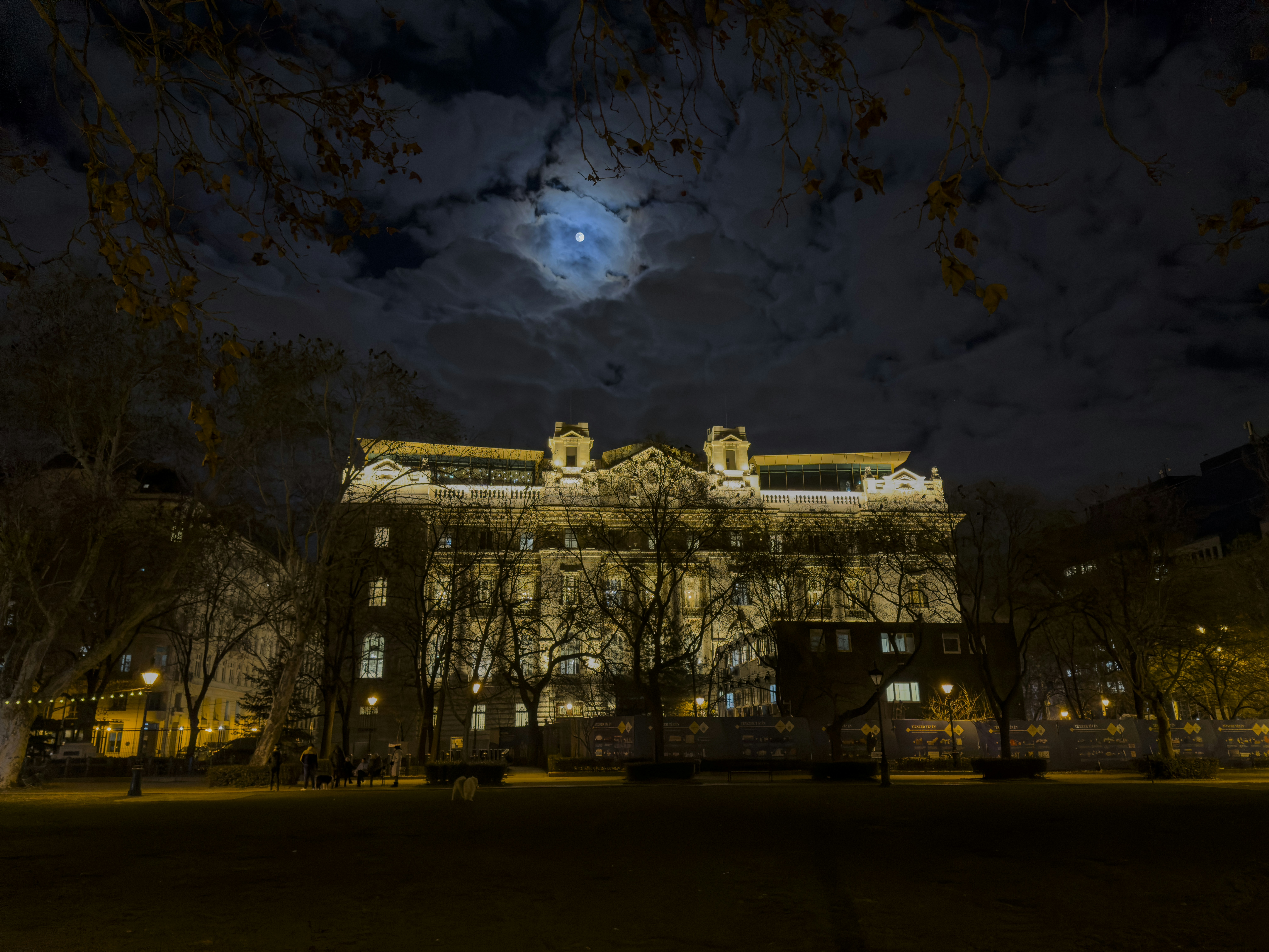 Szabadság tér, Budapest (2025) | Lit building under a full moon at night