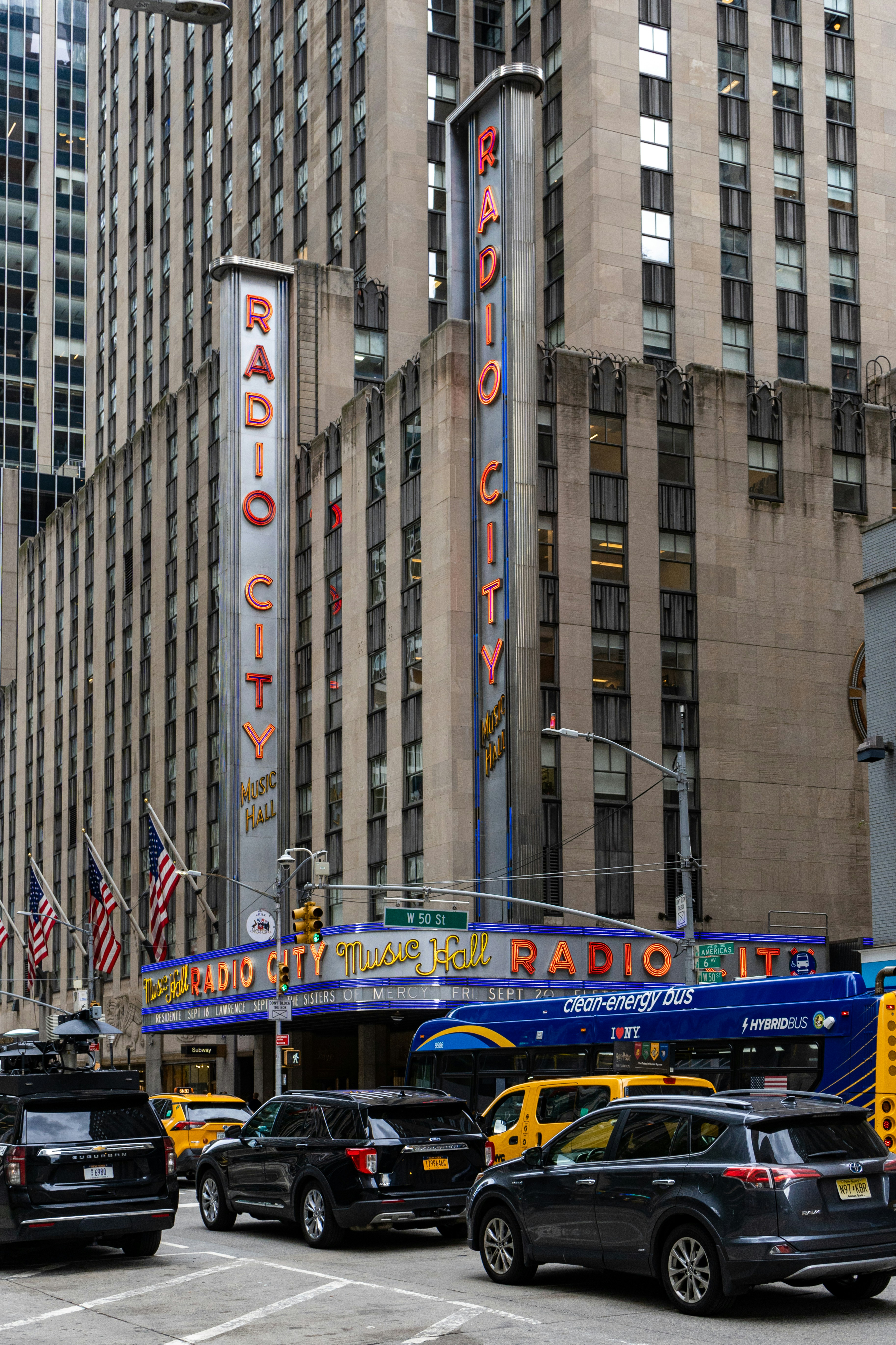 Neon Signage Over Broadway: Radio City in Motion
