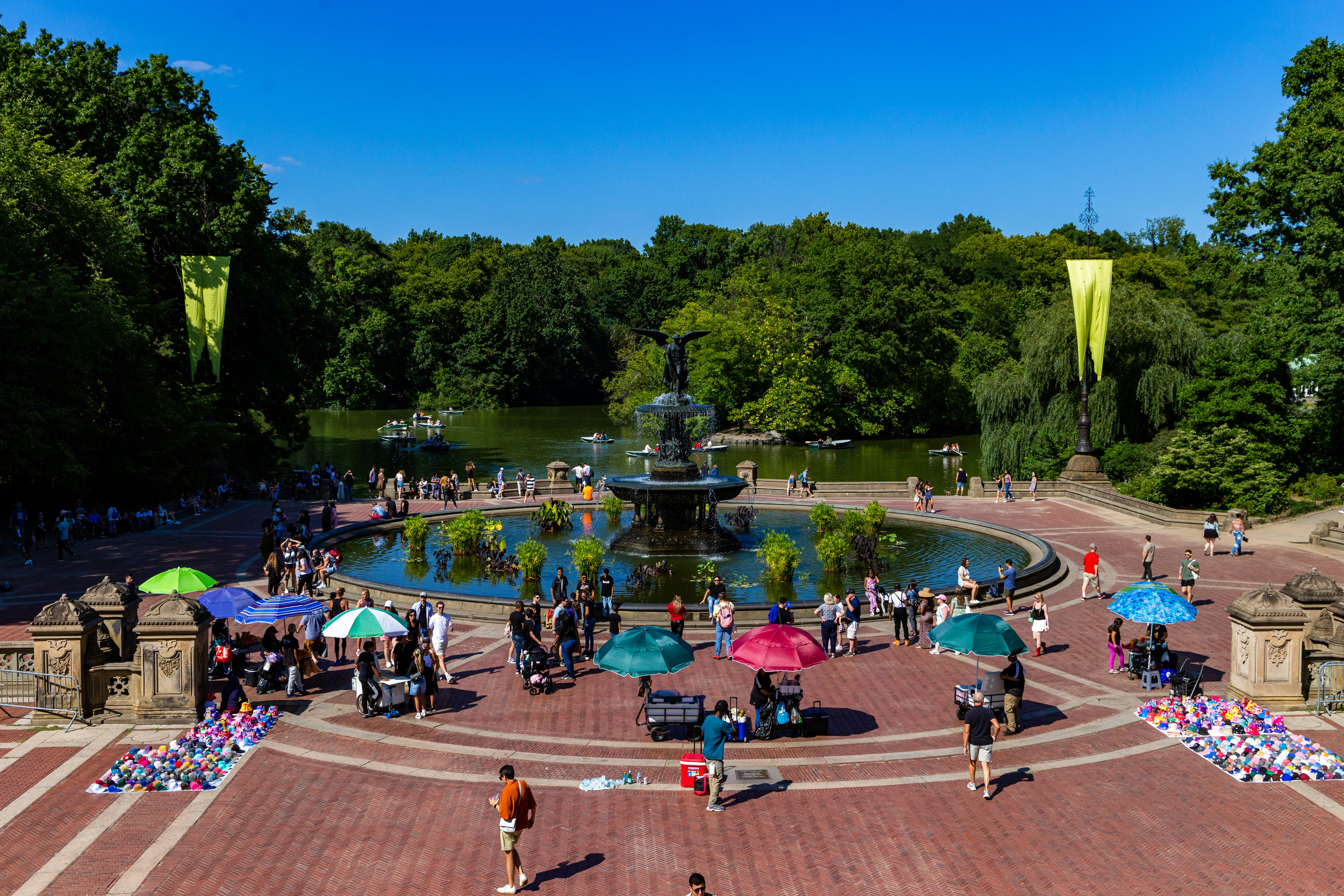 Umbrellas and the Central Fountain: A Lively Summer Plaza