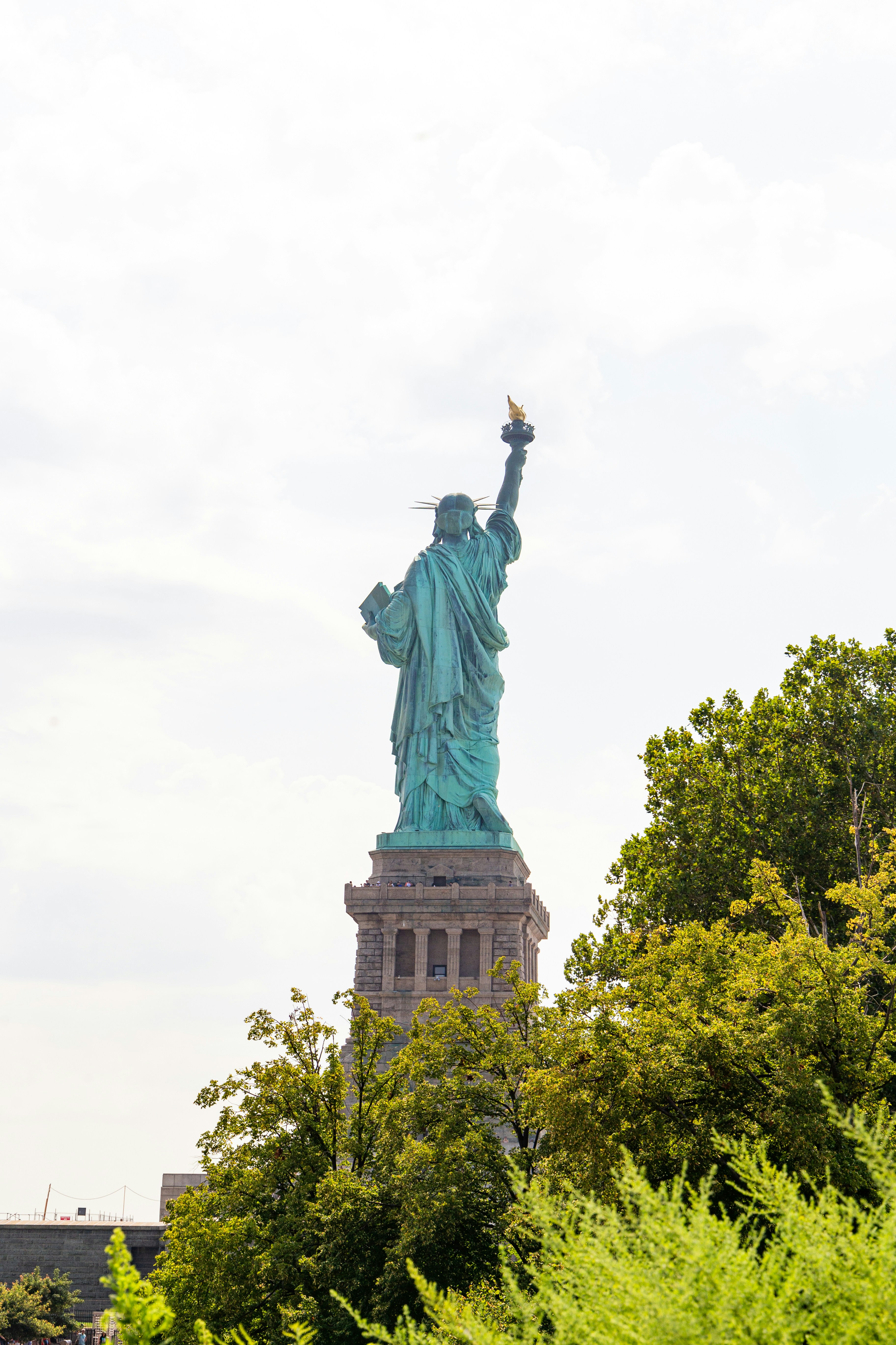 Emerald Majesty: The Statue of Liberty Rising Over a Canopy of Greenery