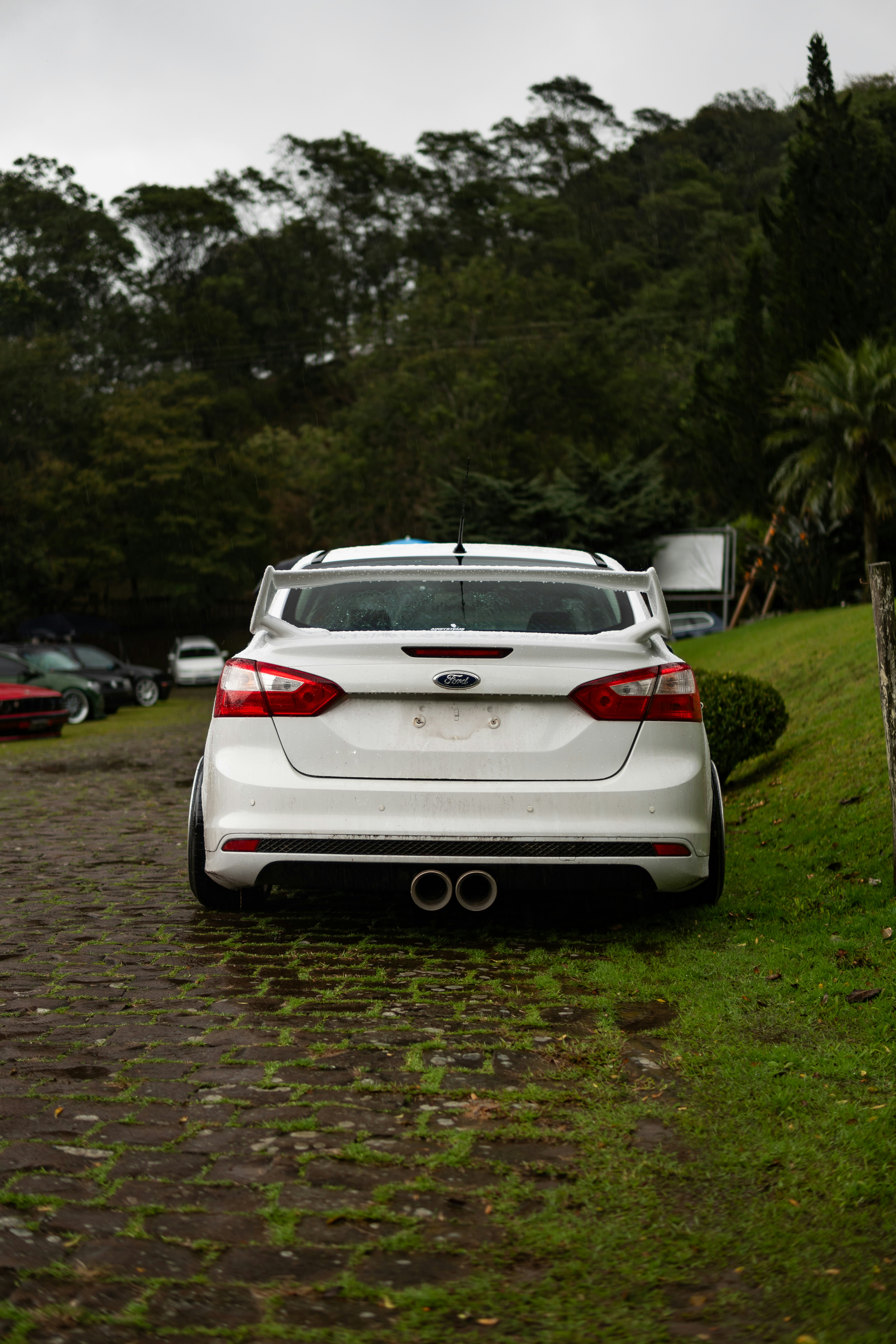 Rear End of a White Ford on a Mossy Cobblestone Drive