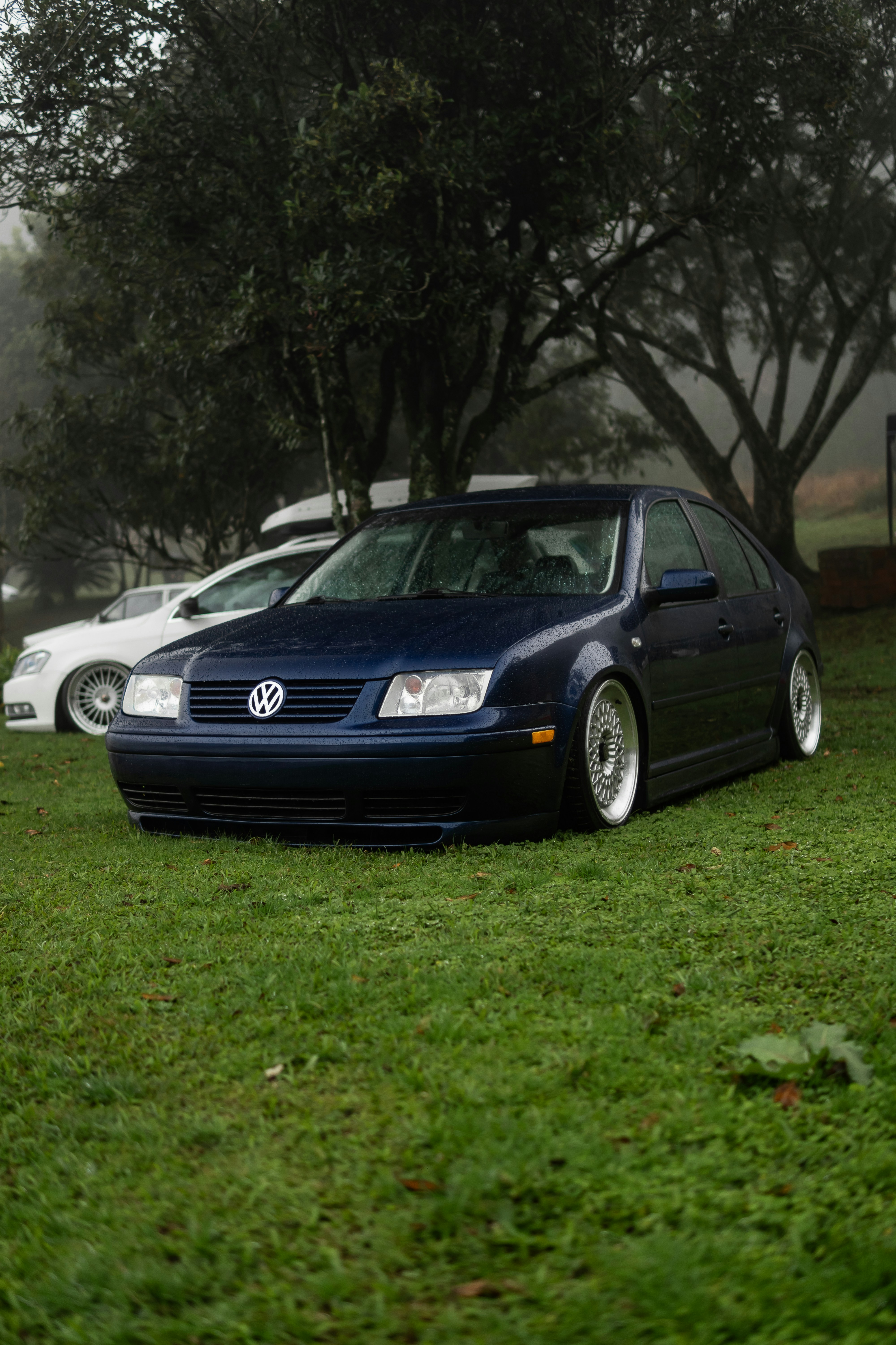 Rain-Kissed Blue VW Jetta Resting on Wet Park Grass