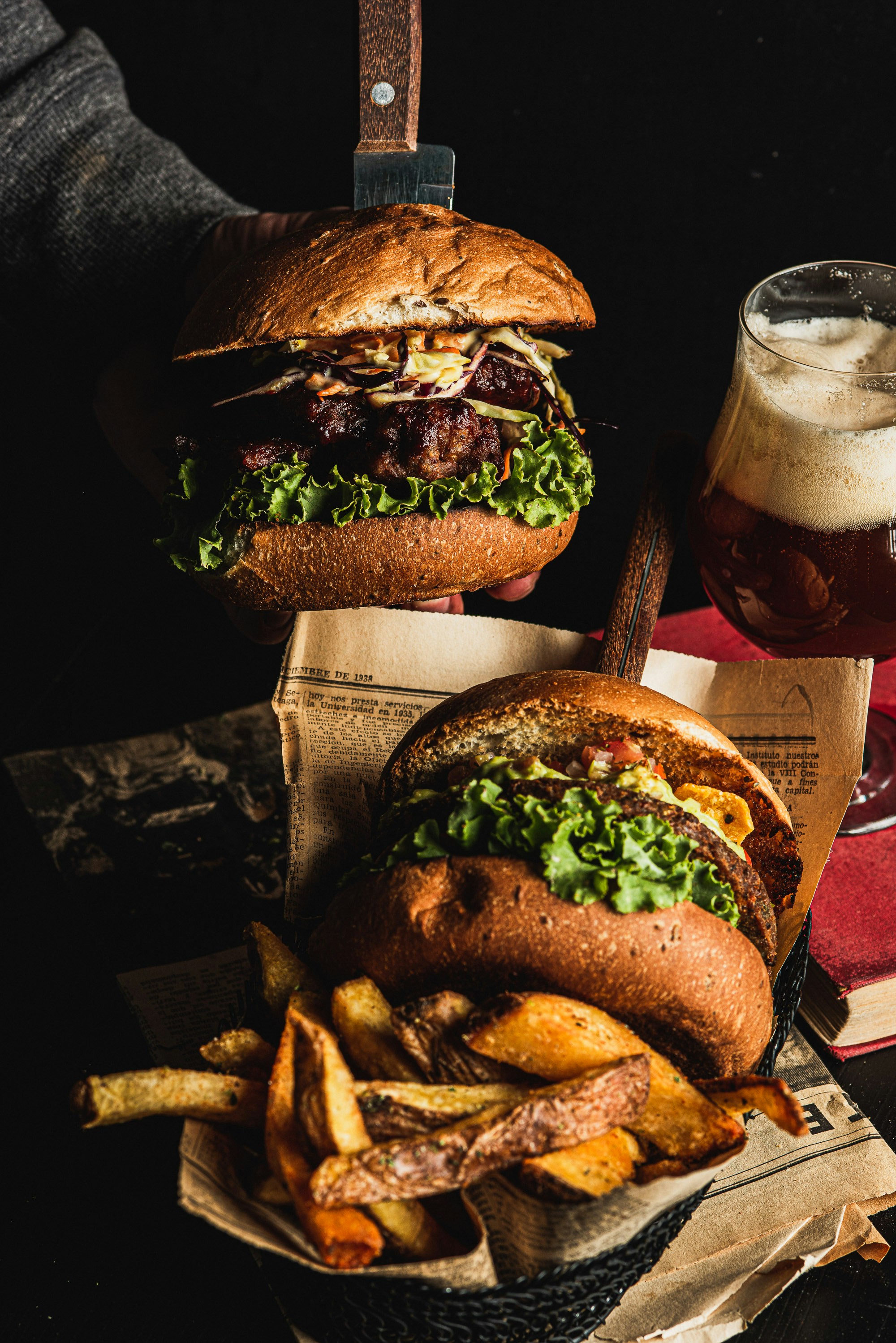 Two gourmet burgers with fries and beer photo – Free Burger Image on ...