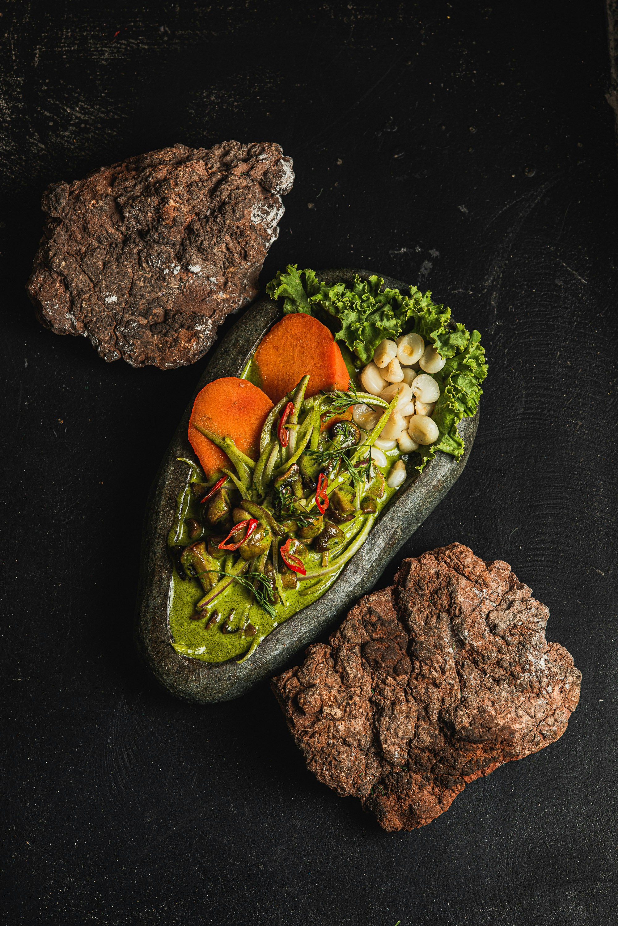 Verdant Medley on a Slate: Green Herb Sauce with Roasted Roots