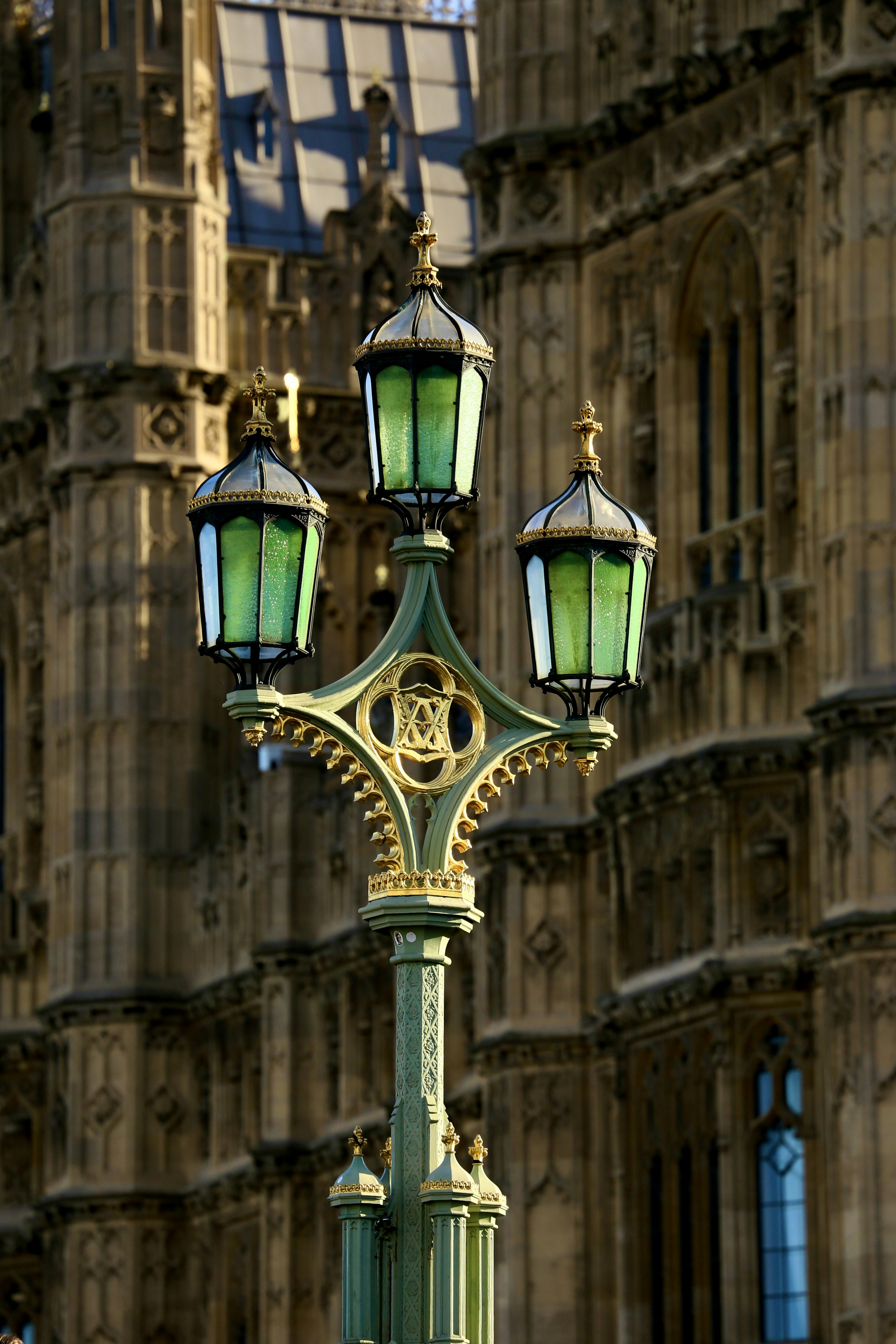 Emerald Lanterns Framing Westminster's Gothic Facade