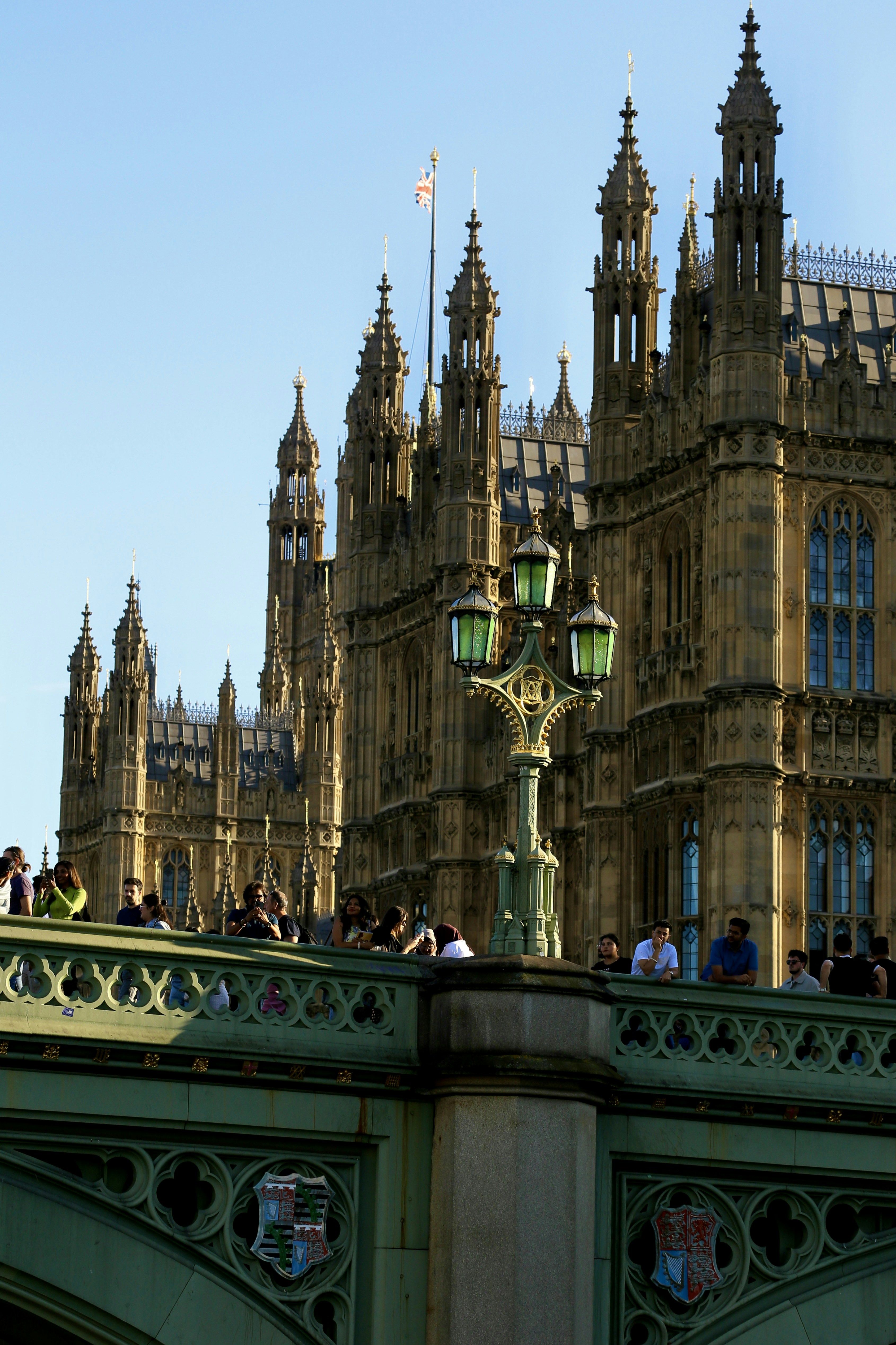 Emerald Lantern on Westminster Bridge Framing the Palace of Westminster