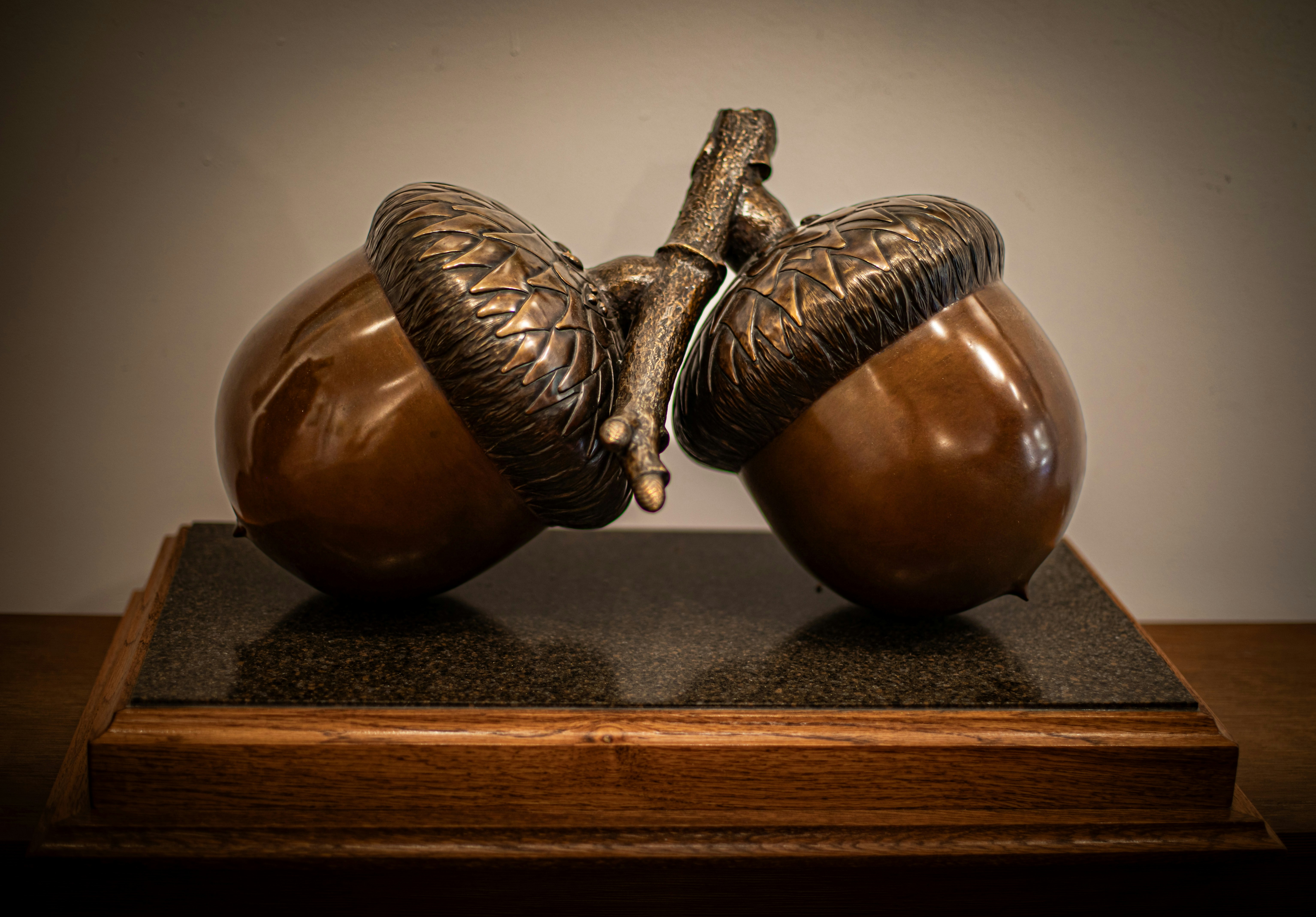 Two bronze acorns resting on a wooden base