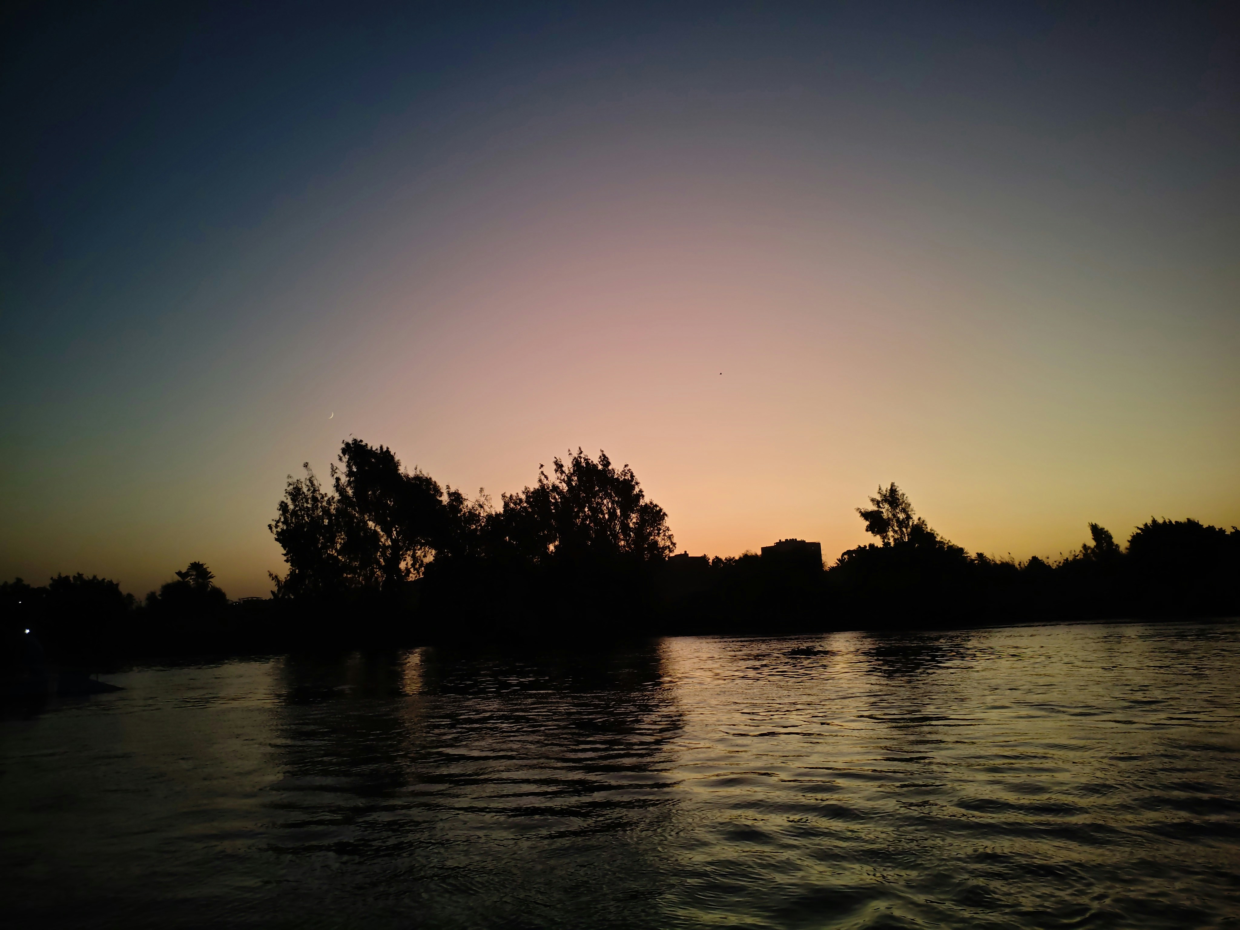 Silhouetted trees against a gradient sky transitioning from dusk to night, reflecting softly on the calm water surface.