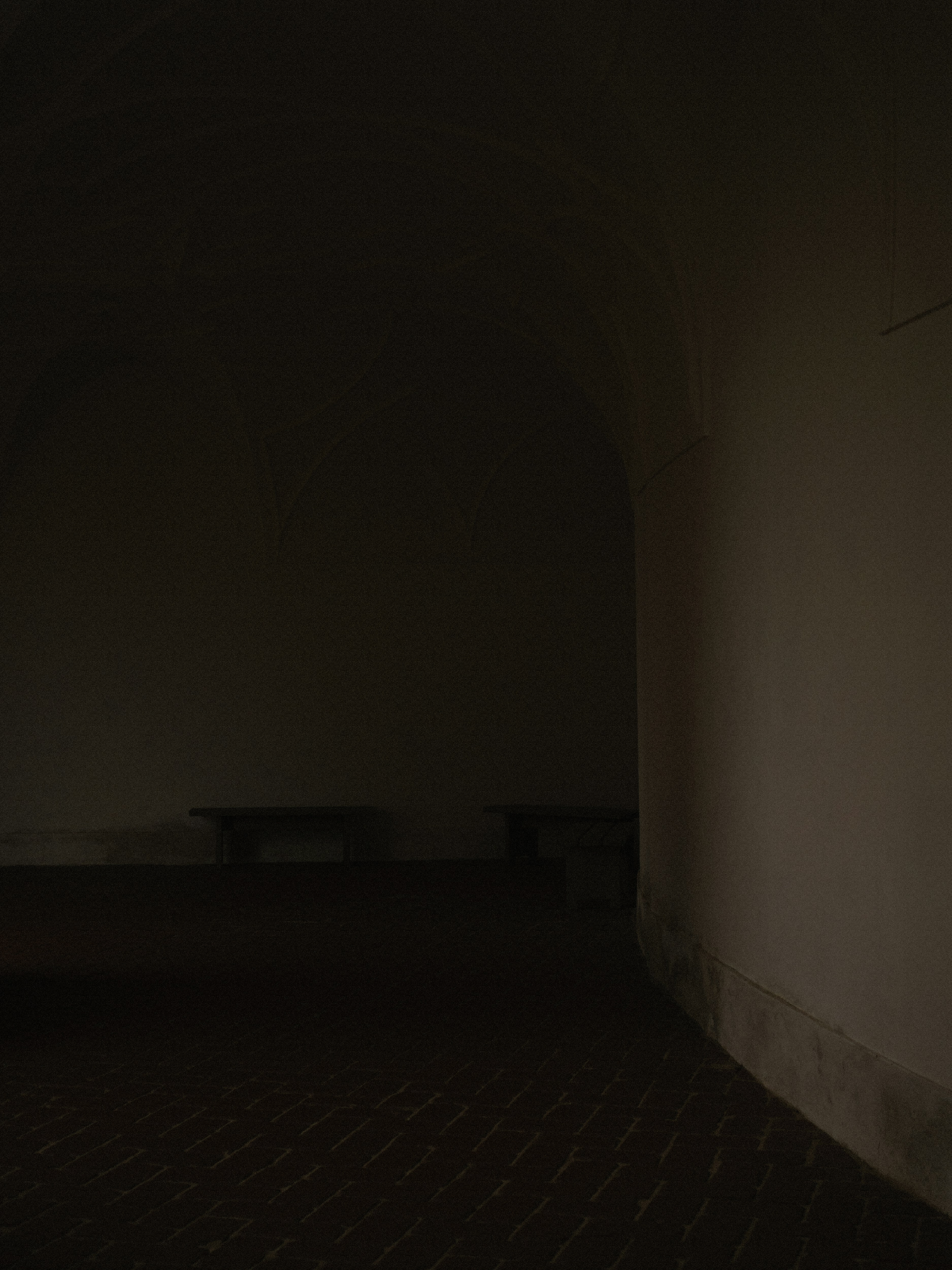 Two empty benches in a dimly lit arched hallway.
