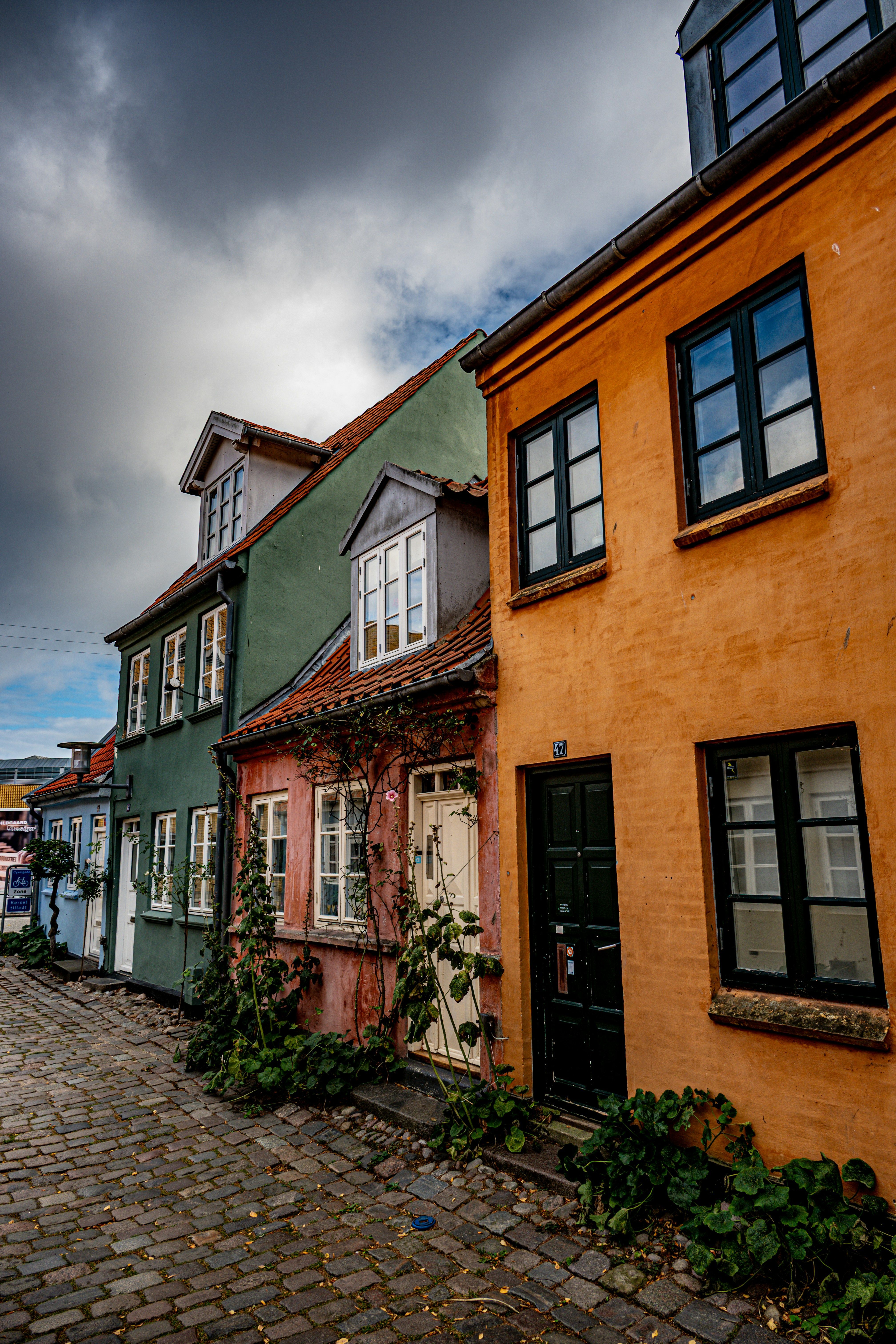 Colorful houses line a cobblestone street.