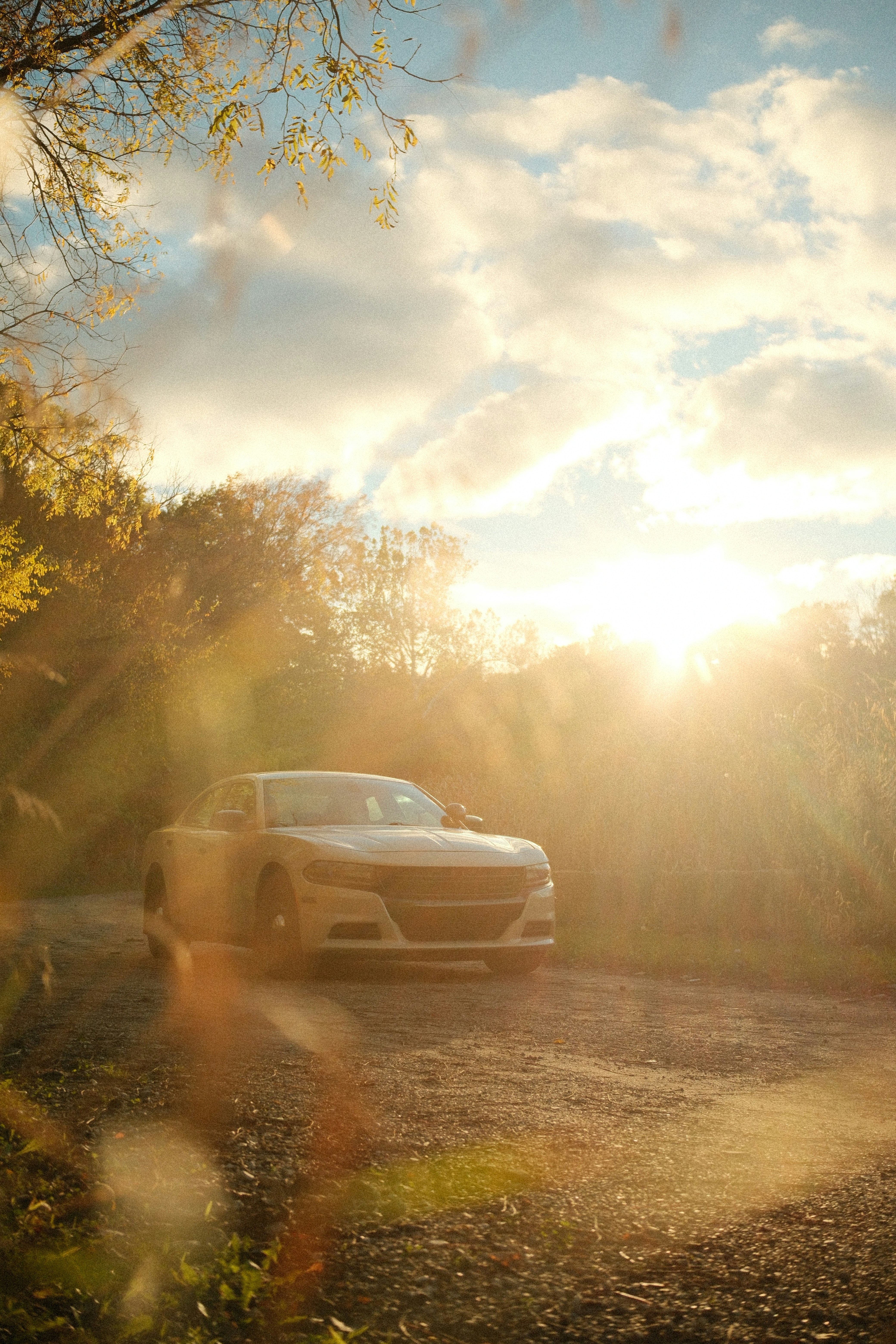Dusty Road, Golden Glow: A White Coupe Under a Sunlit Flare