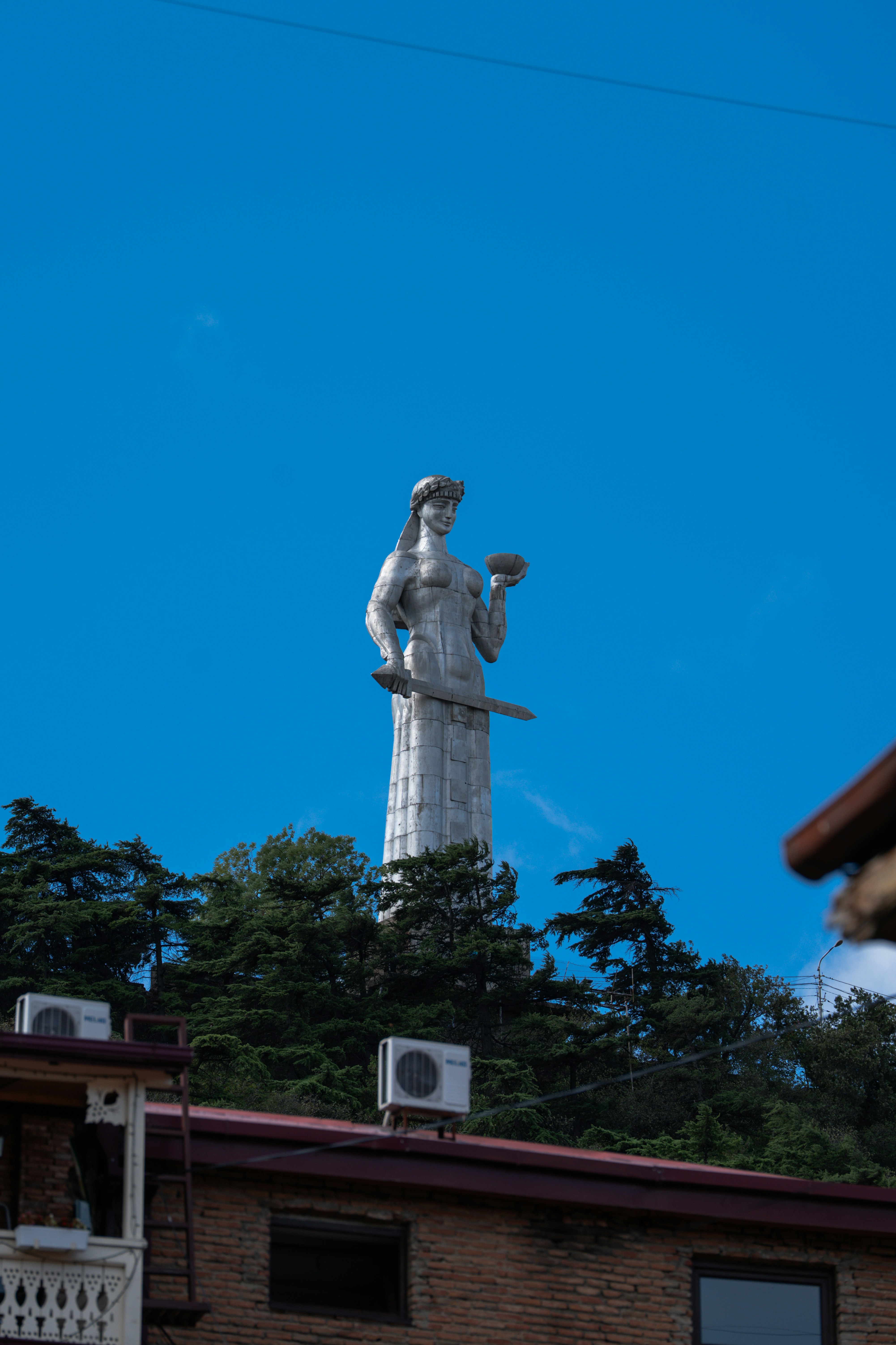 Monumental Figure Overlooking Pine Crest Beneath a Pristine Blue Sky