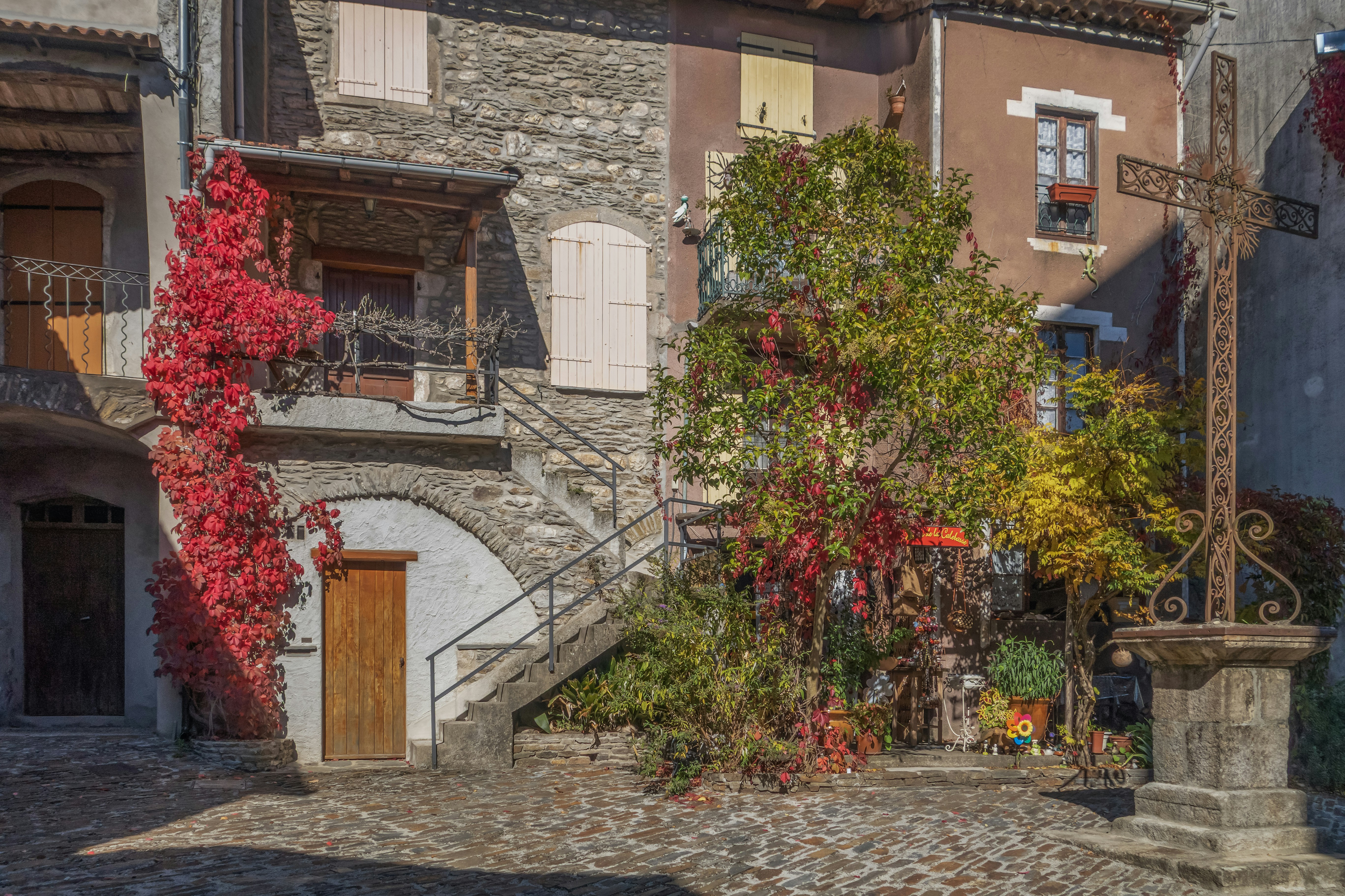 Whispers of Autumn in a Rustic Village Square