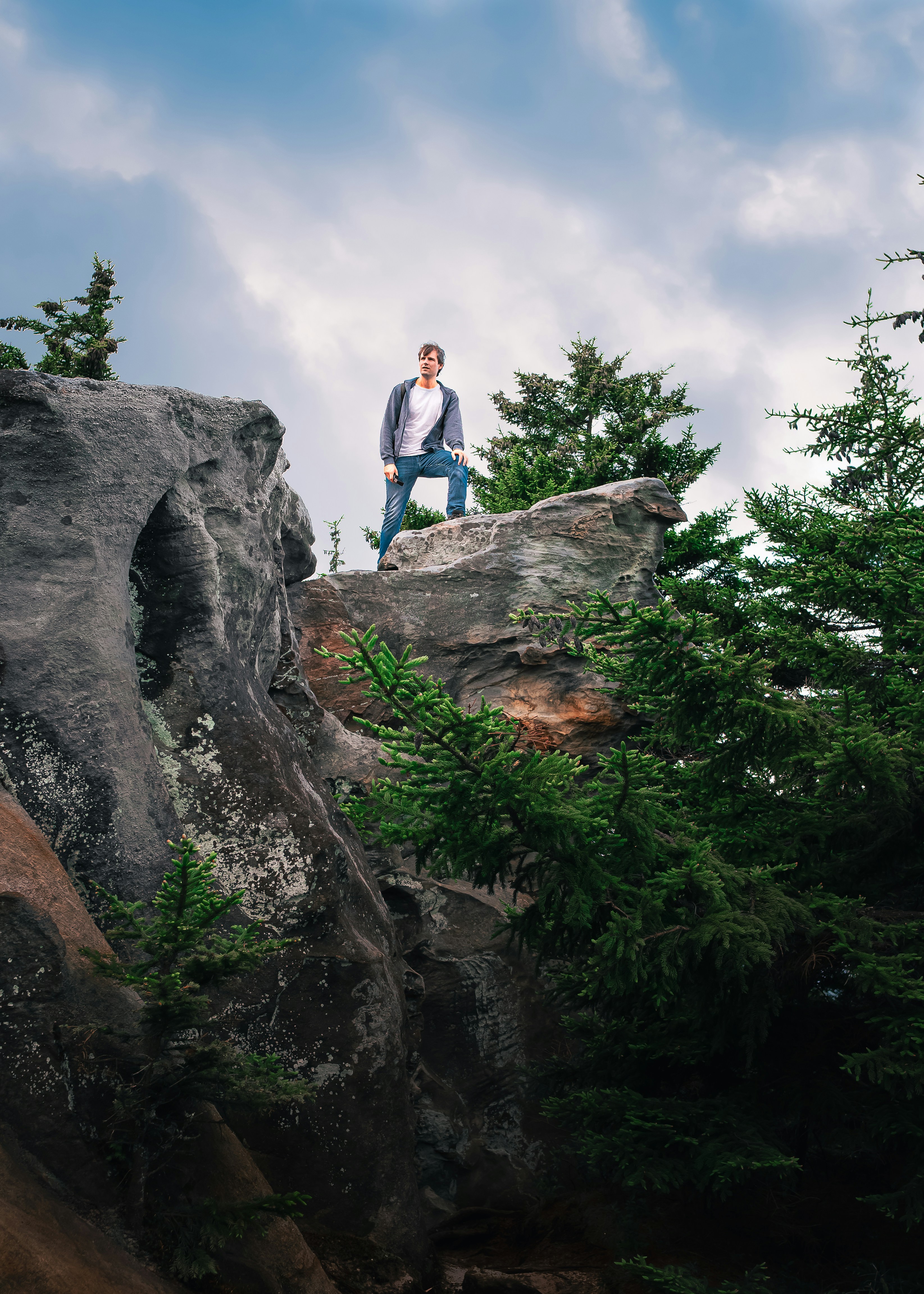 Edge of the World: A lone figure stands atop weathered basalt among pines
