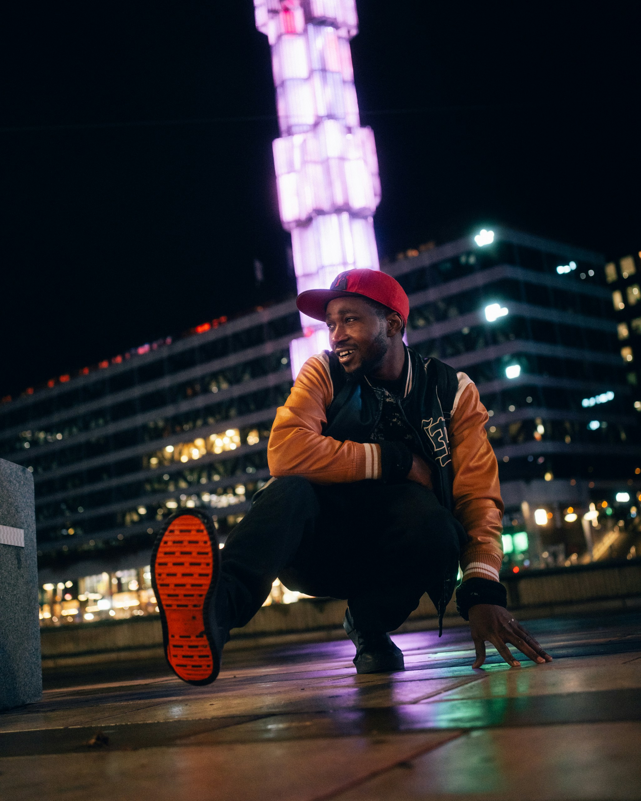 Midnight Groove: Portrait Under a Neon Spire