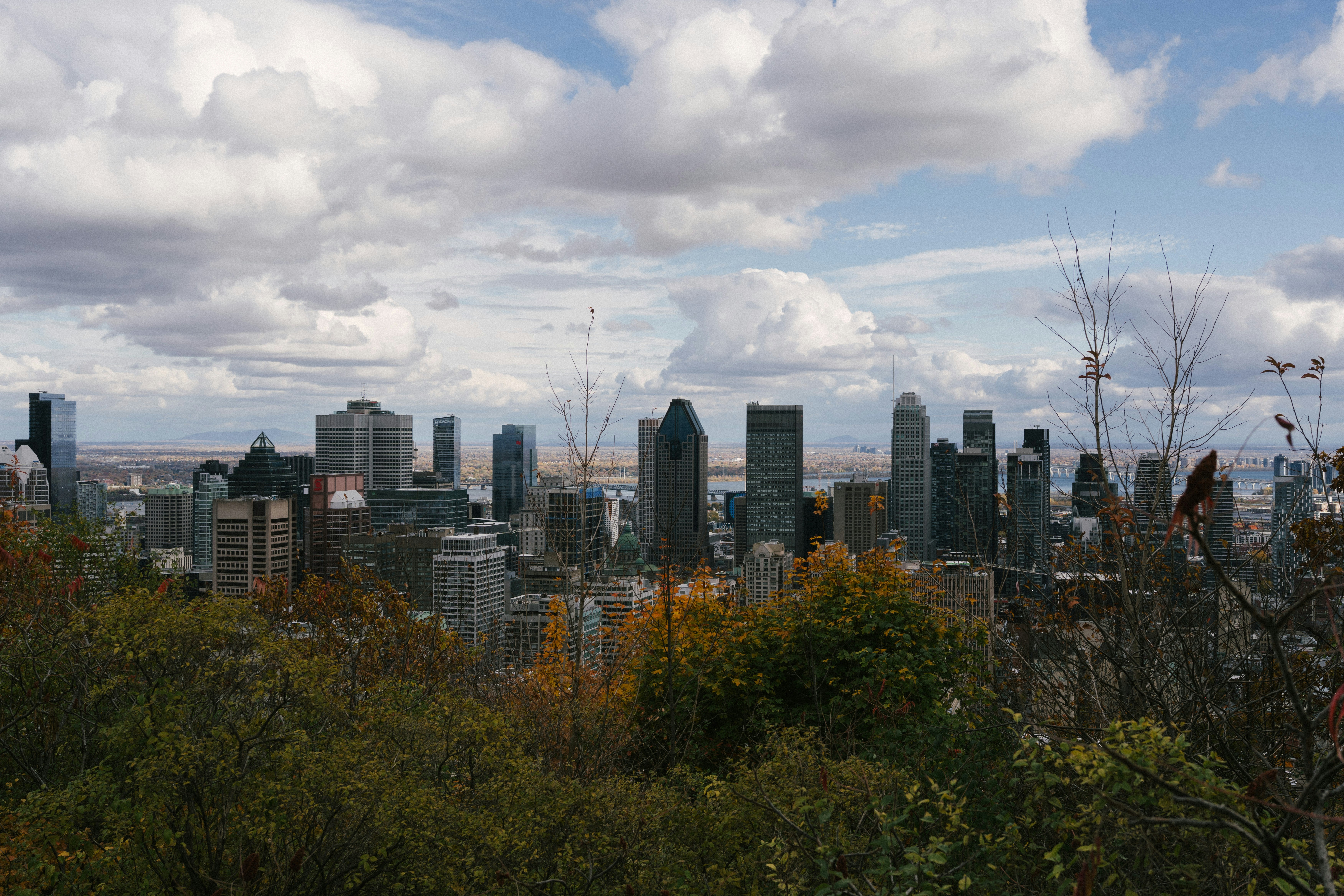 City skyline with buildings under a cloudy sky.