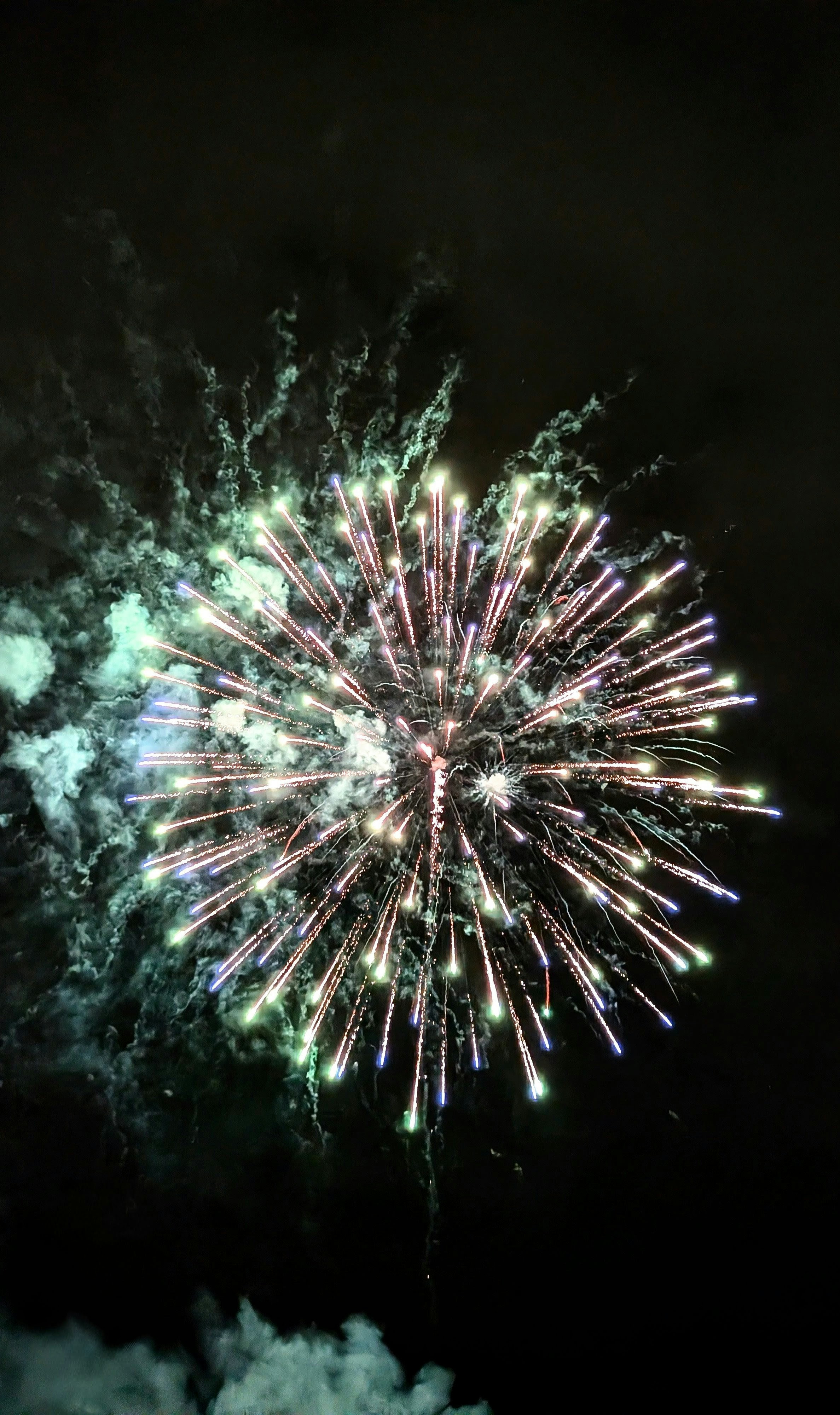 Vibrant fireworks explode in a kaleidoscope of colors against a dark backdrop, illuminating the night. Smoke trails add depth to the spectacle.