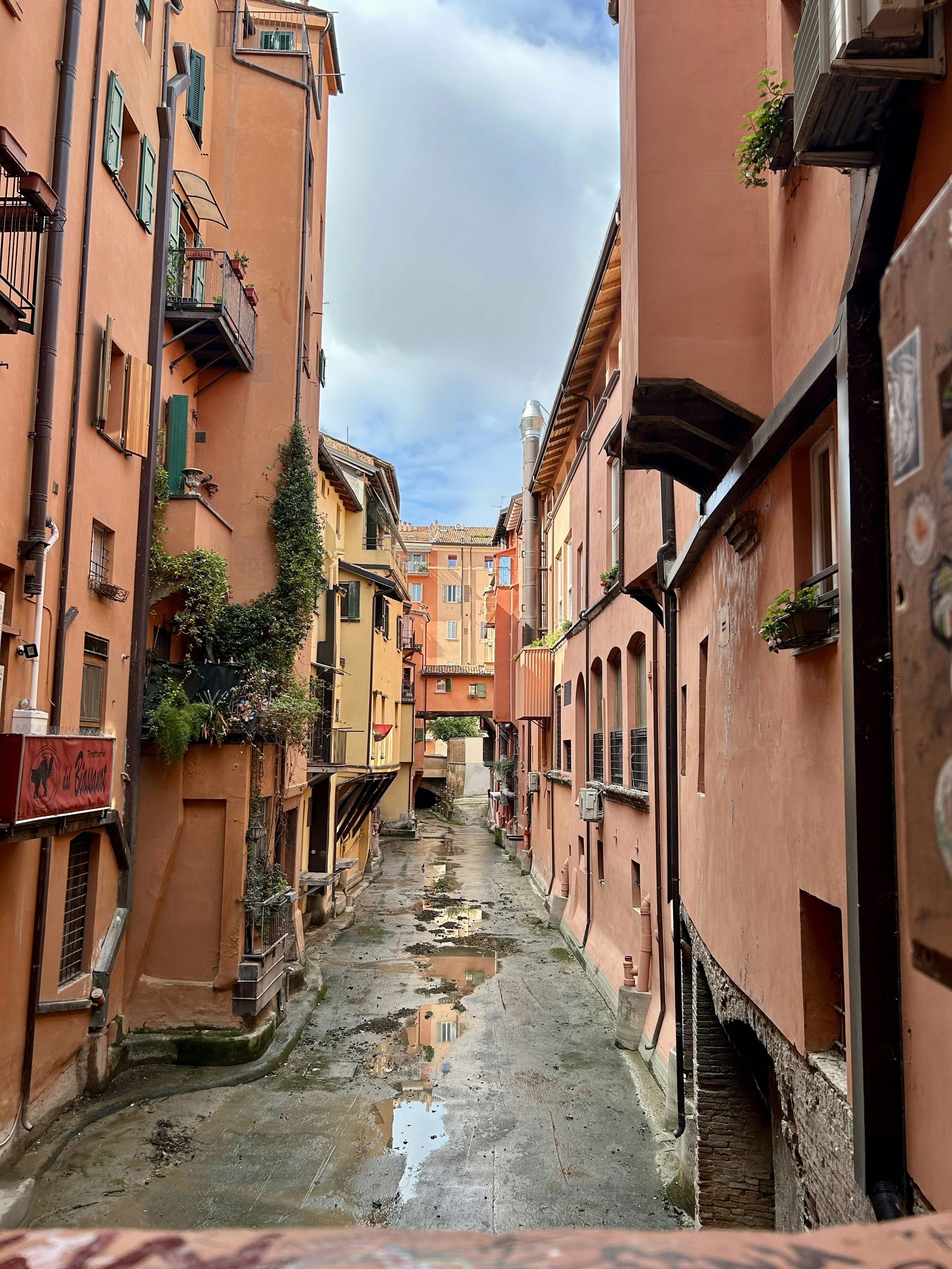 Narrow street with orange buildings and wet cobblestones