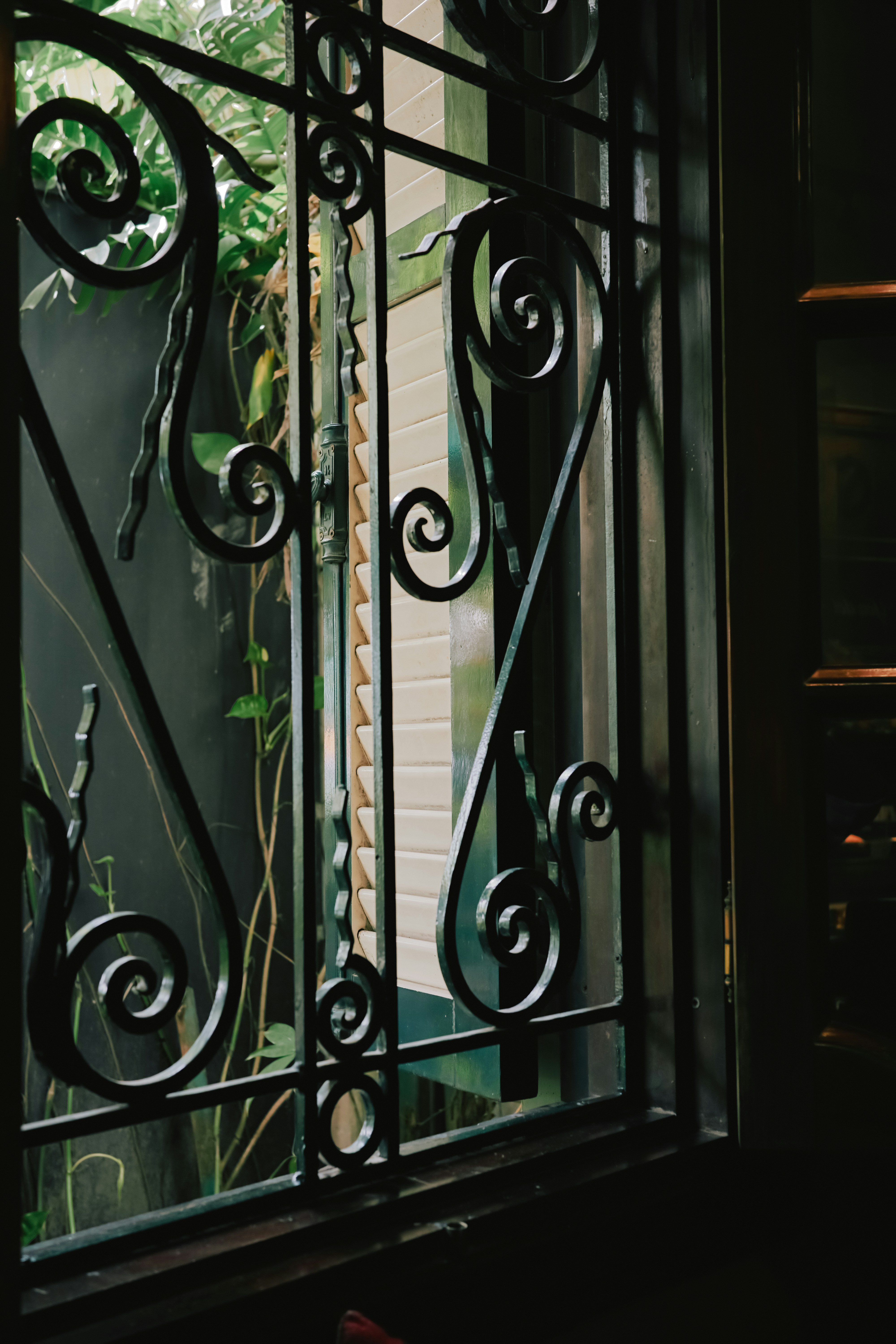Intricate iron grillwork frames a lush green view, showcasing the interplay between architecture and nature.