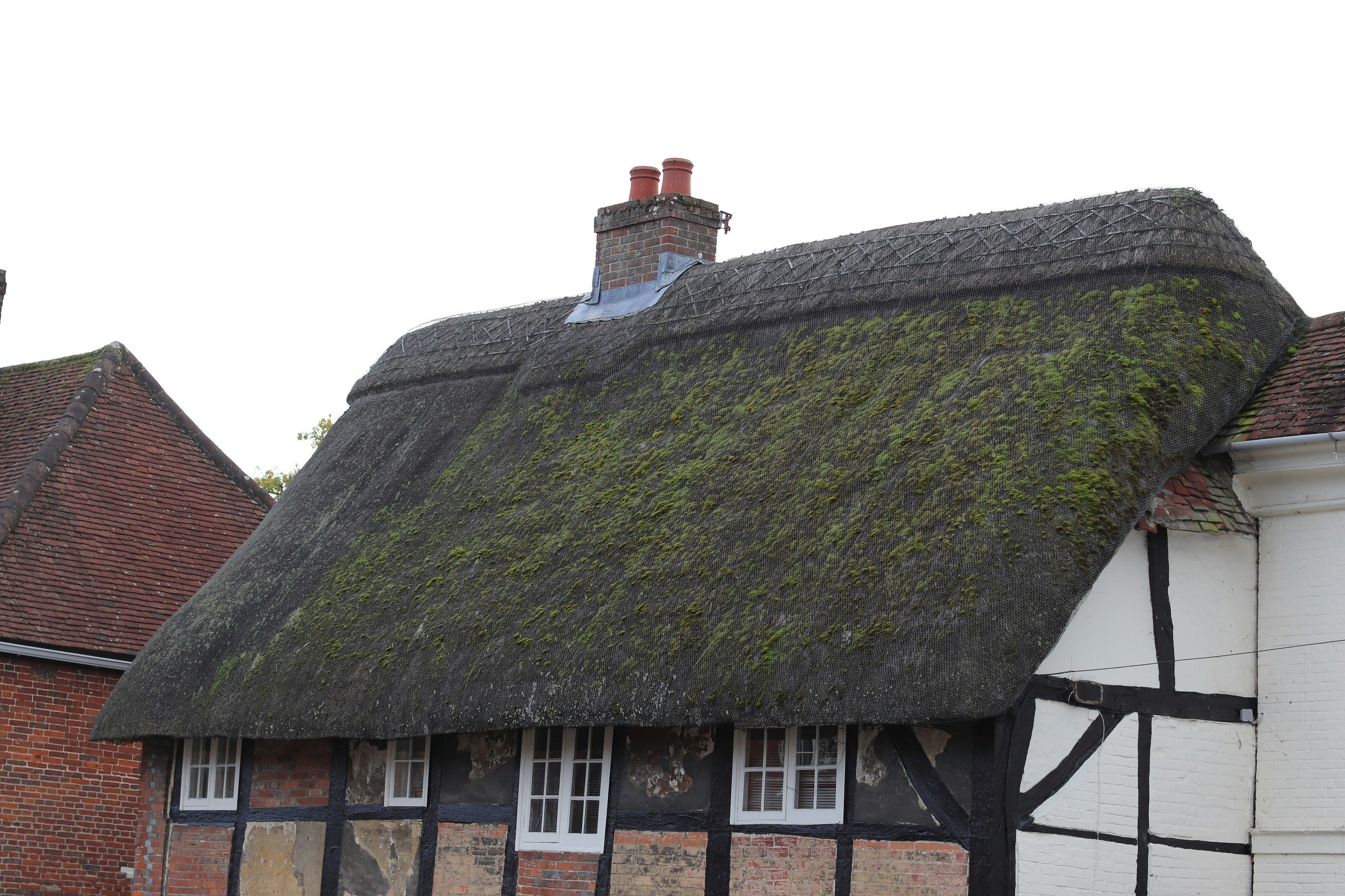 Historic thatched roof cottage showcasing moss-covered straw and traditional timber framing. The structure reflects classic rural architecture.