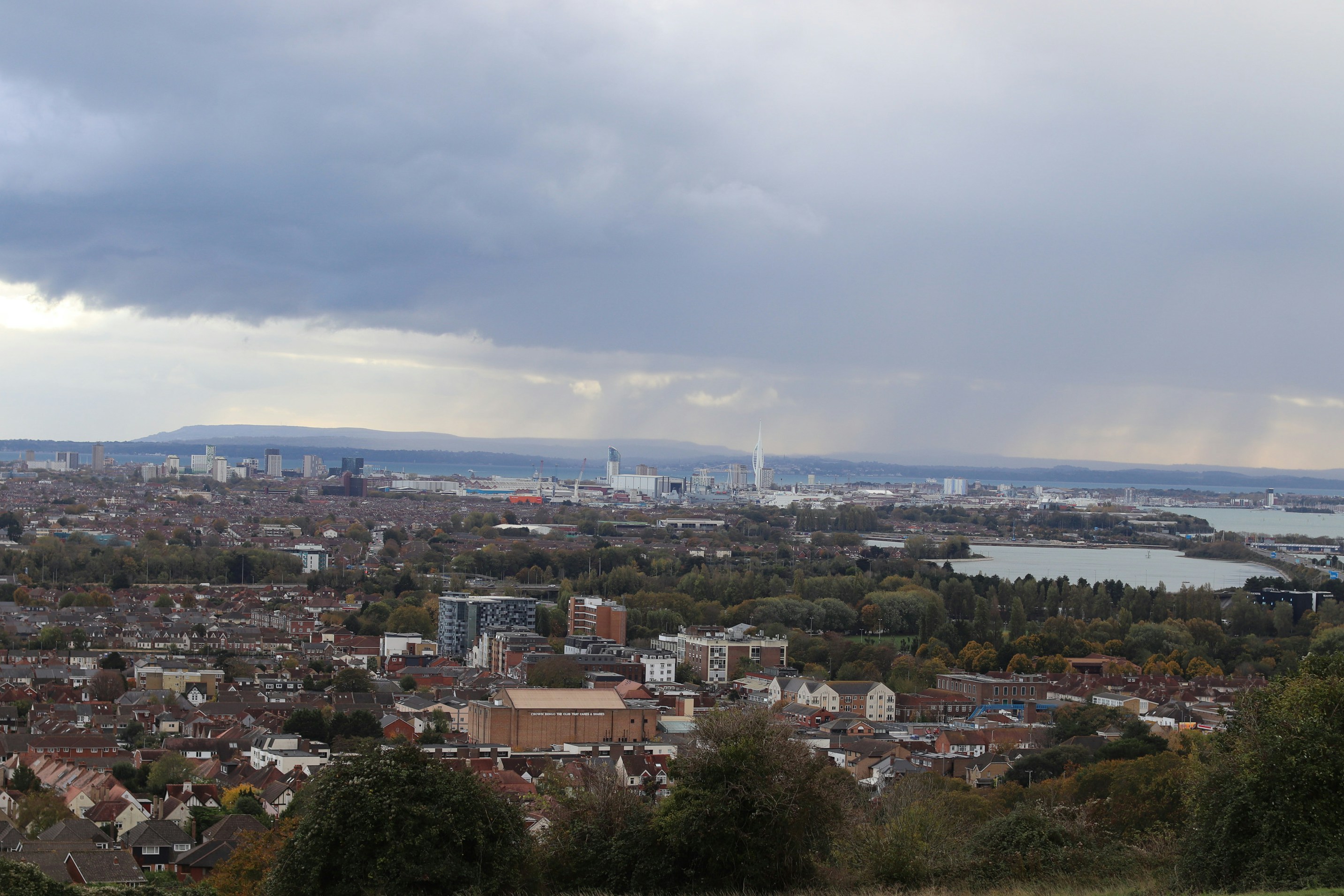 Cityscape with distant industrial buildings under cloudy sky