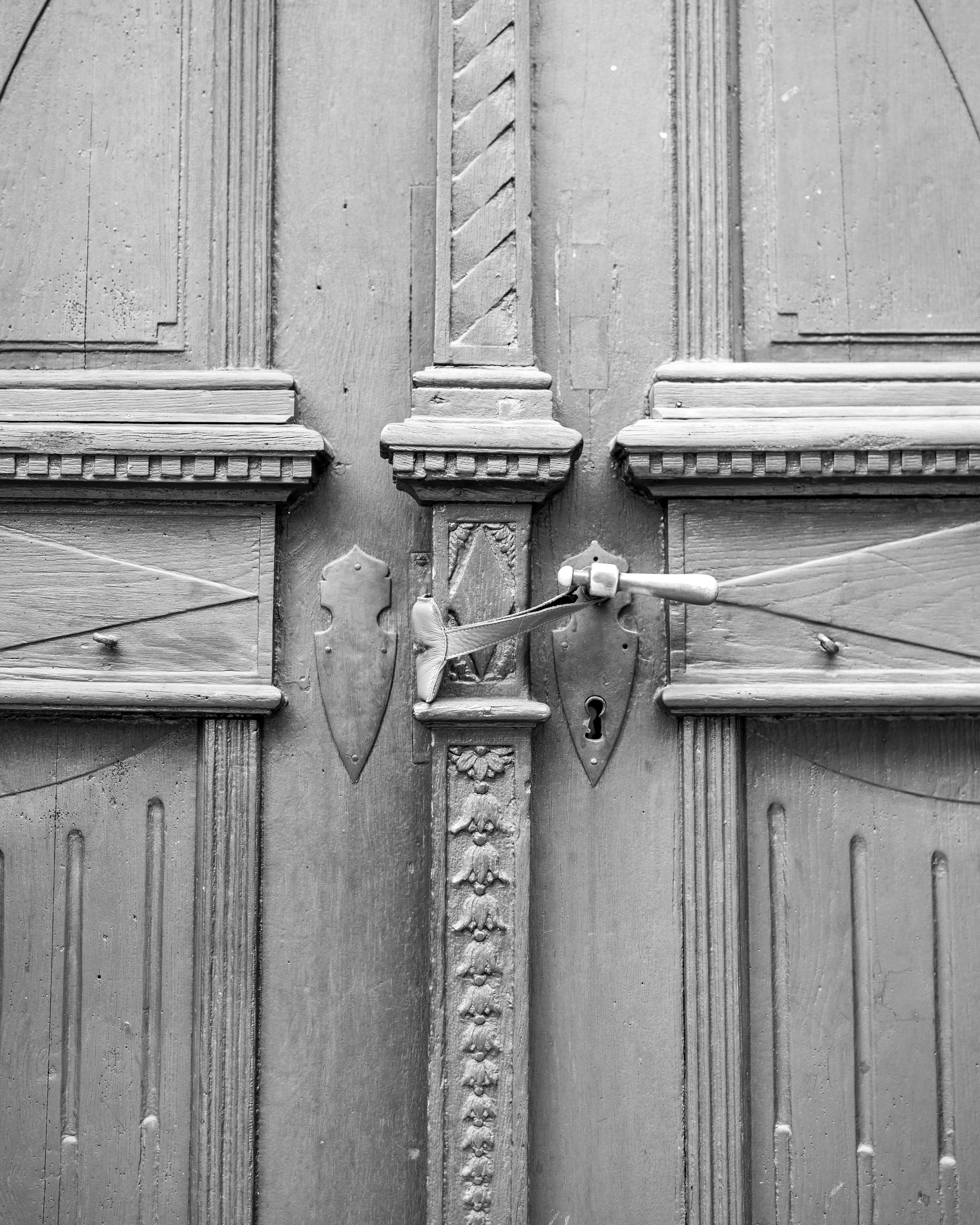 Intricately designed wooden doors with ornate detailing and a metal latch, showcasing a blend of craftsmanship and age.