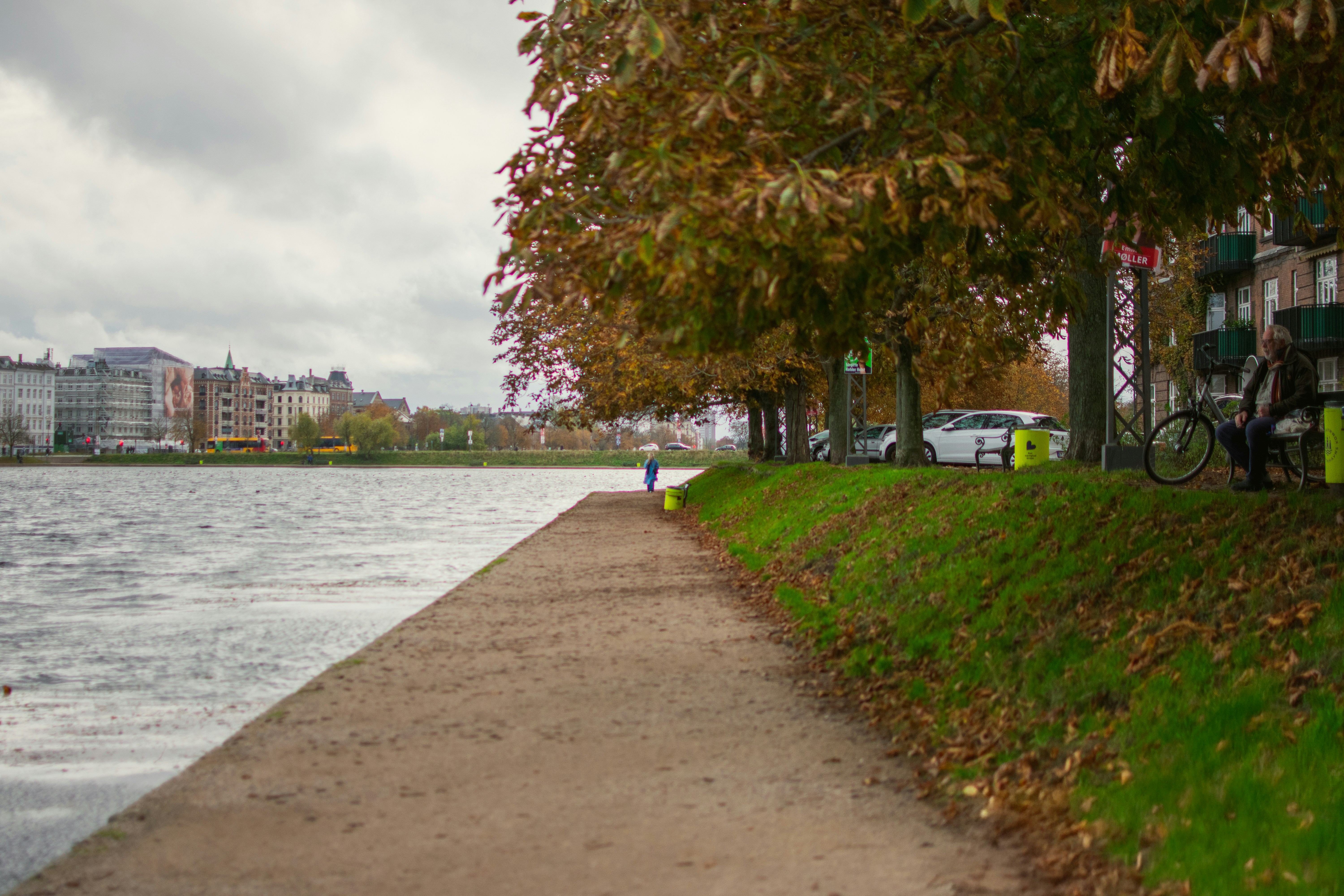 A serene riverside path lined with trees showcasing autumn foliage, with a glimpse of urban architecture in the background.