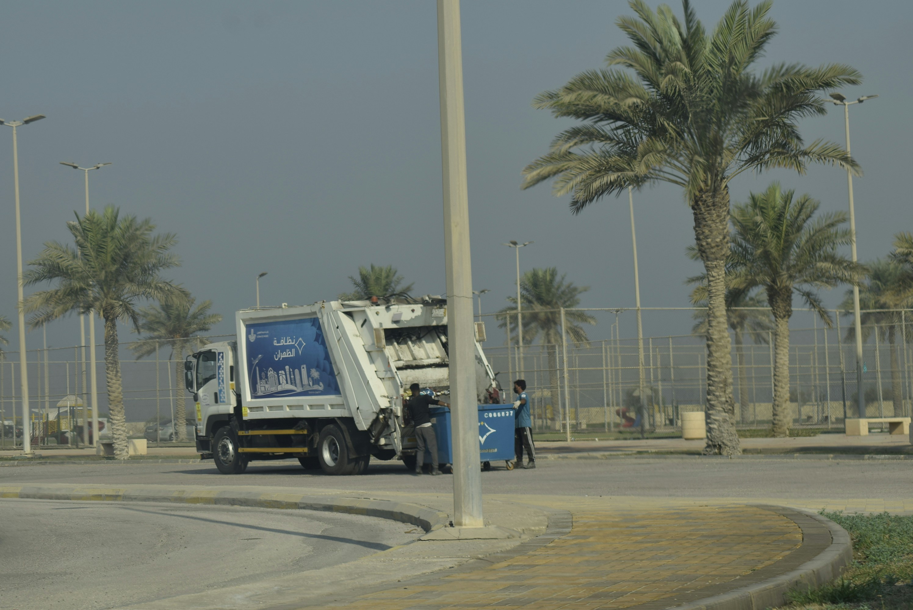 Palm-Lined Roundabout Duty: A Quiet Moment with a City Garbage Truck