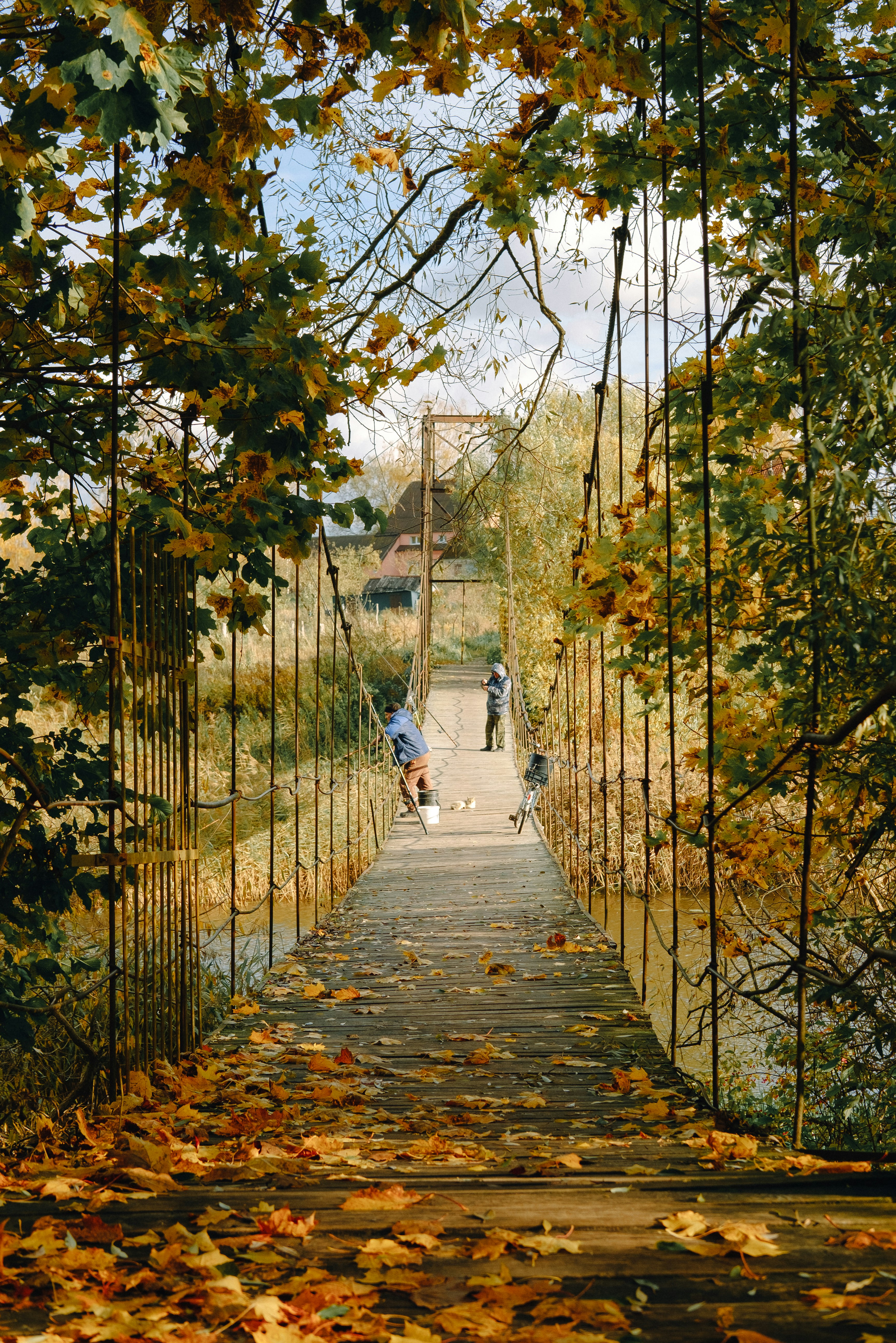 Autumn Crossing: A Leaf-Carpeted Bridge Guiding the Eye to Distant Figures