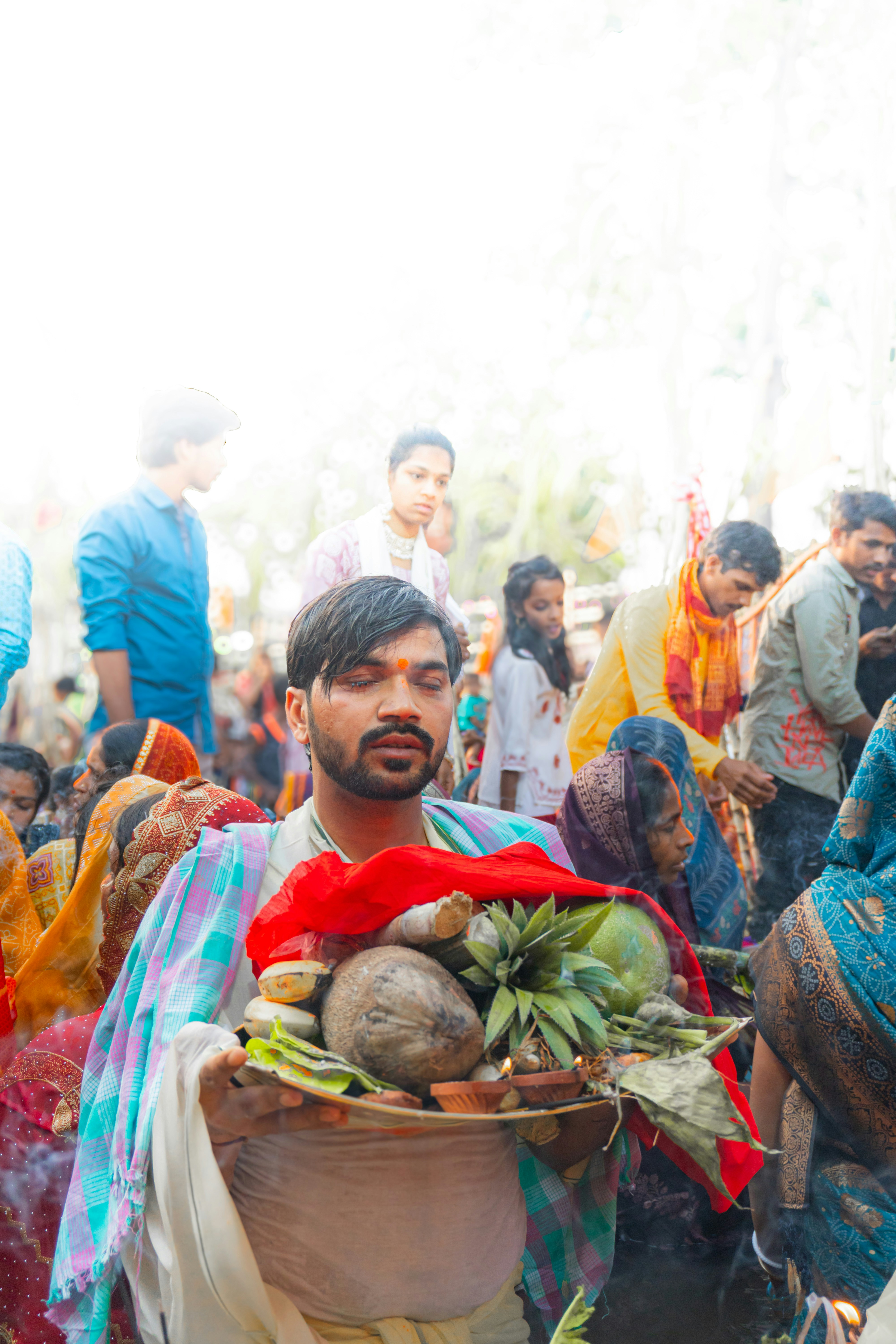 Harvest Tray in a Sea of Color: Vendor Center Stage at a Festive Street Market