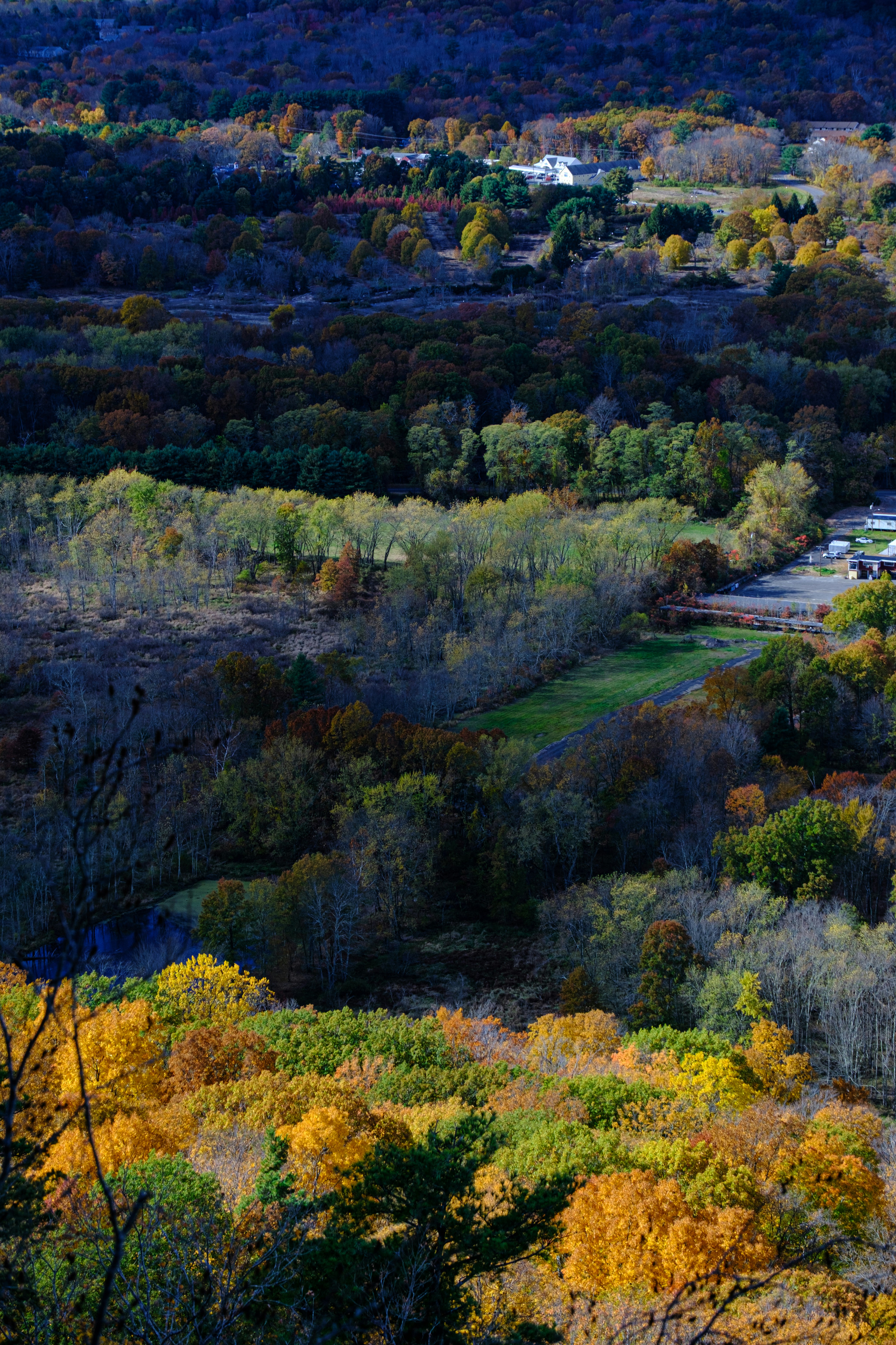 Vibrant autumn foliage blankets the landscape, with a serene river winding through the valley beneath a canopy of colorful trees.