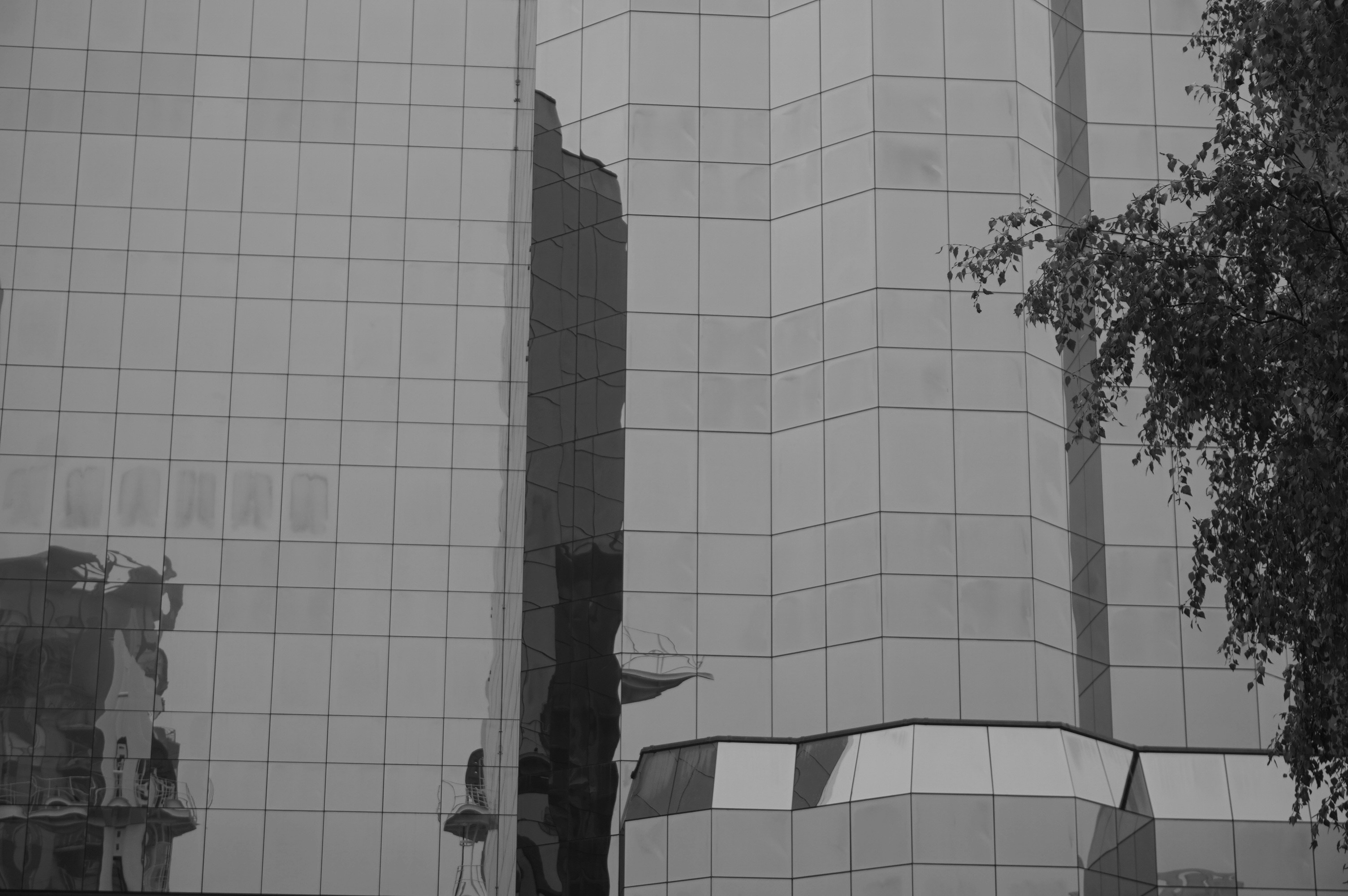 Abstract reflection of a modern building captured in monochrome, highlighting geometric patterns and textures.
