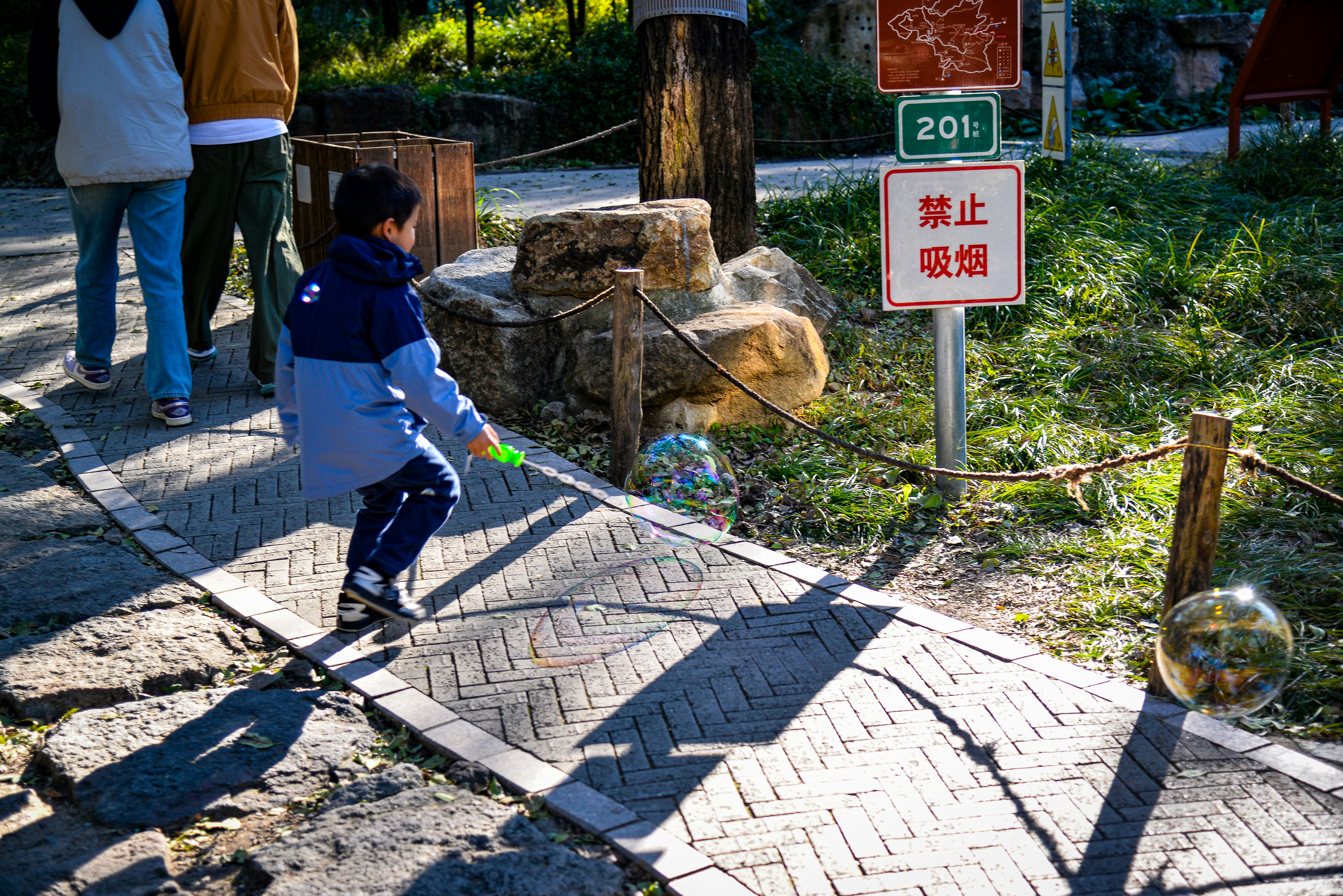A child joyfully chasing bubbles along a winding path in a vibrant park, surrounded by nature and signs. The scene captures the essence of childhood playfulness.