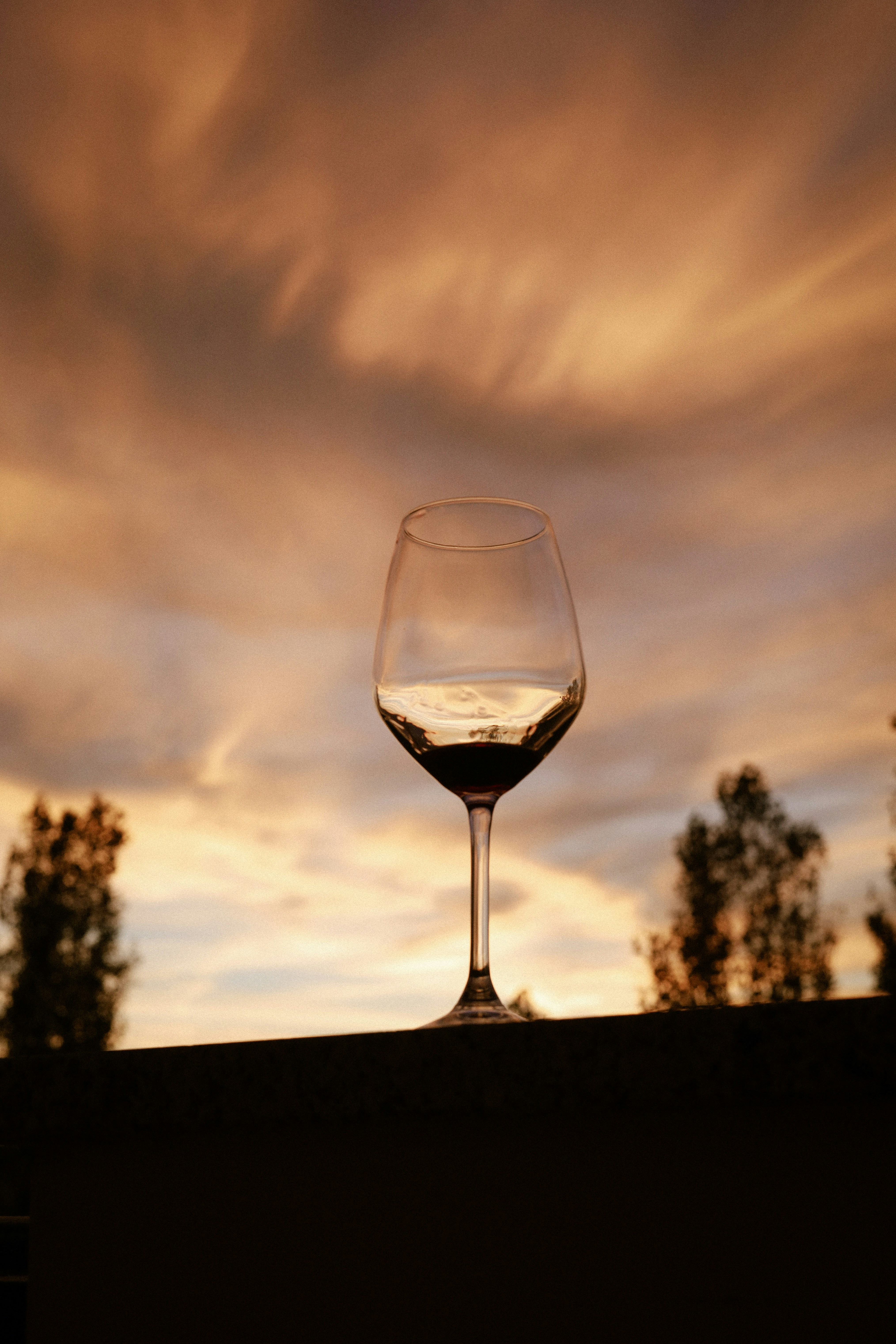 Silhouette of a wine glass against a dramatic sunset sky, highlighting the contrast between the glass and the vibrant clouds. 