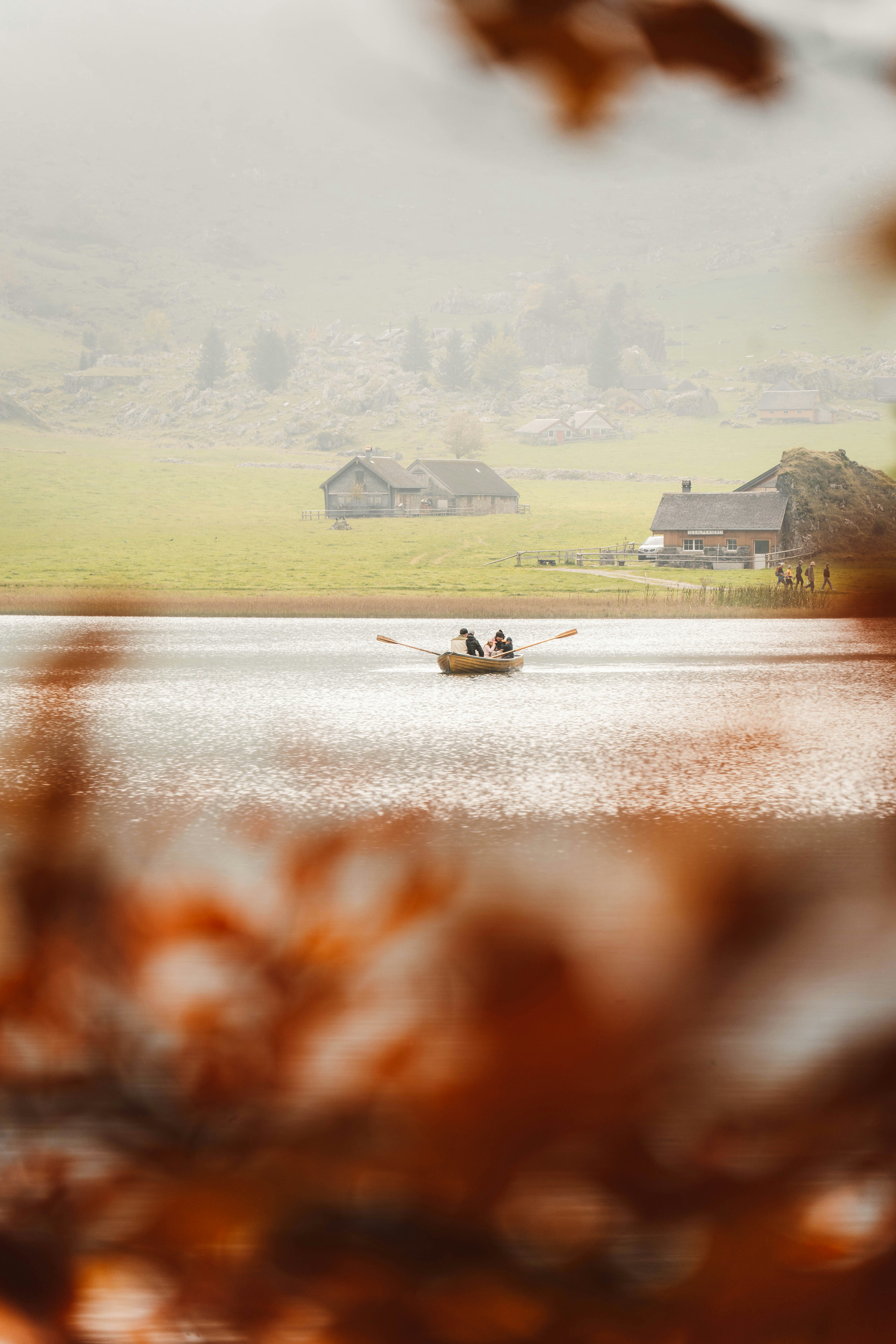 Rowers on a Quiet Alpine Lake Framed by Autumn Fronds